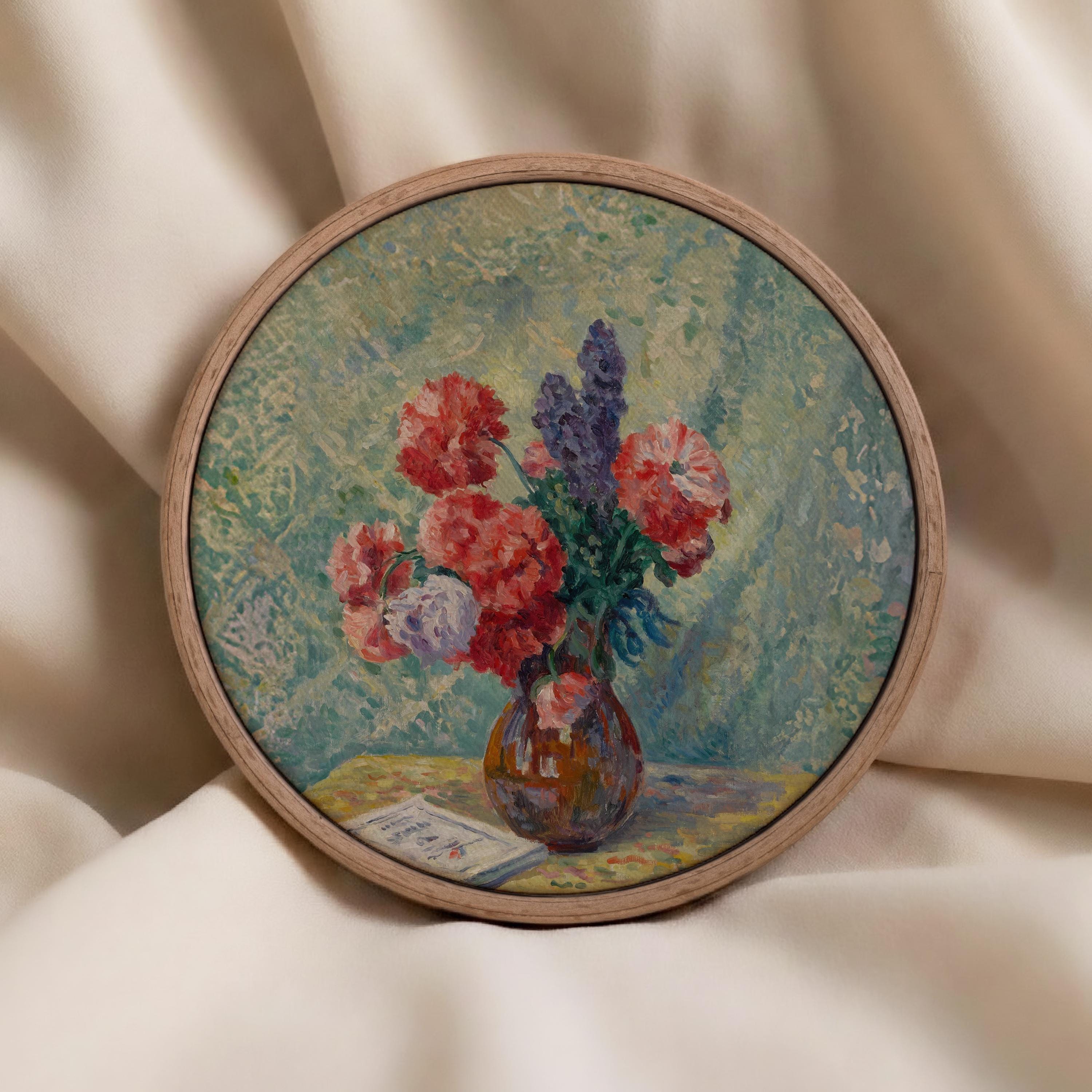 Round Floral Canvas Art – Vintage Flower Still Life