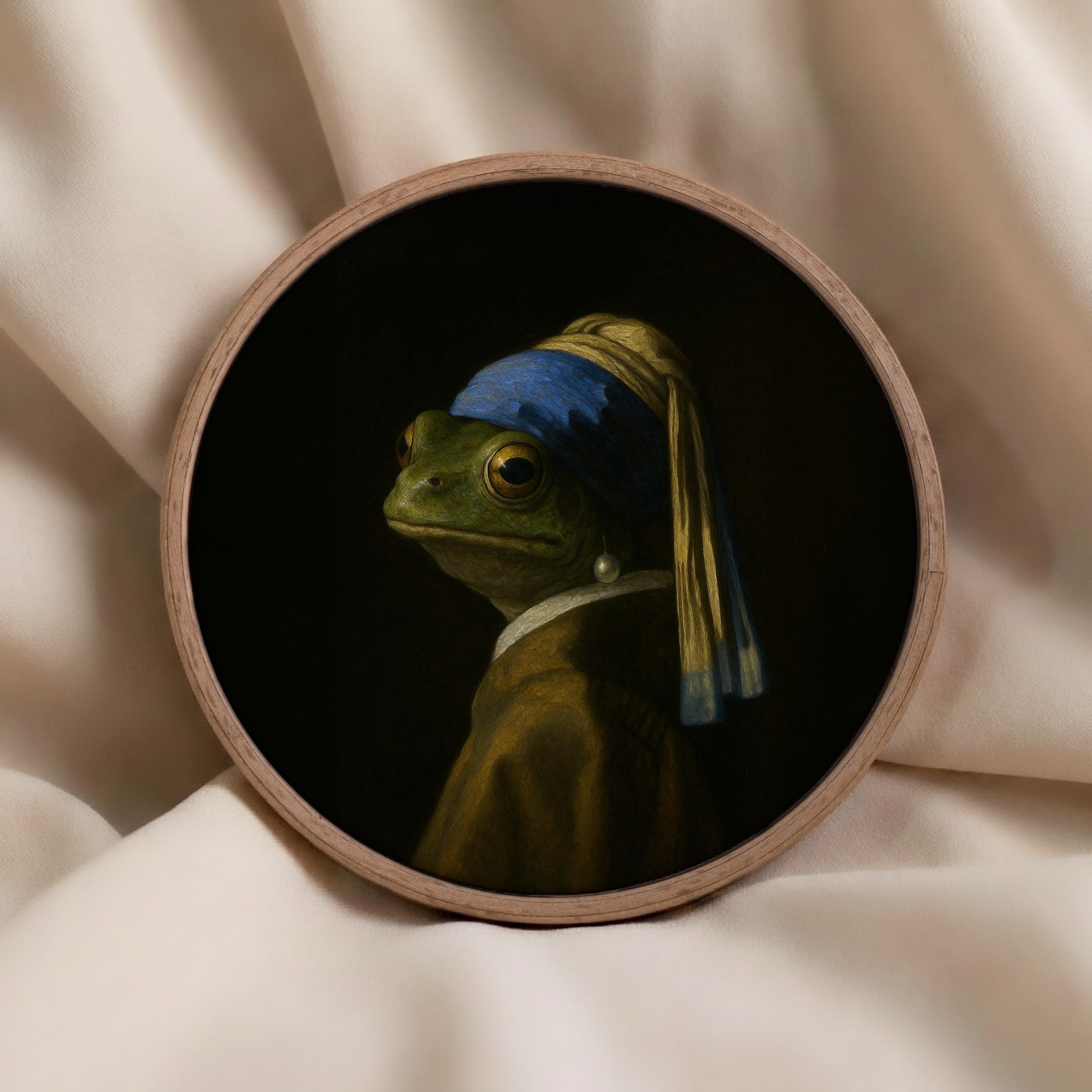 Funny Frog Pearl Earring Portrait, Round Framed Canvas Wall Art, Whimsical Animal Painting Funny Frog Pearl Earring Portrait, Round Framed Canvas Wall Art, Whimsical Animal Painting