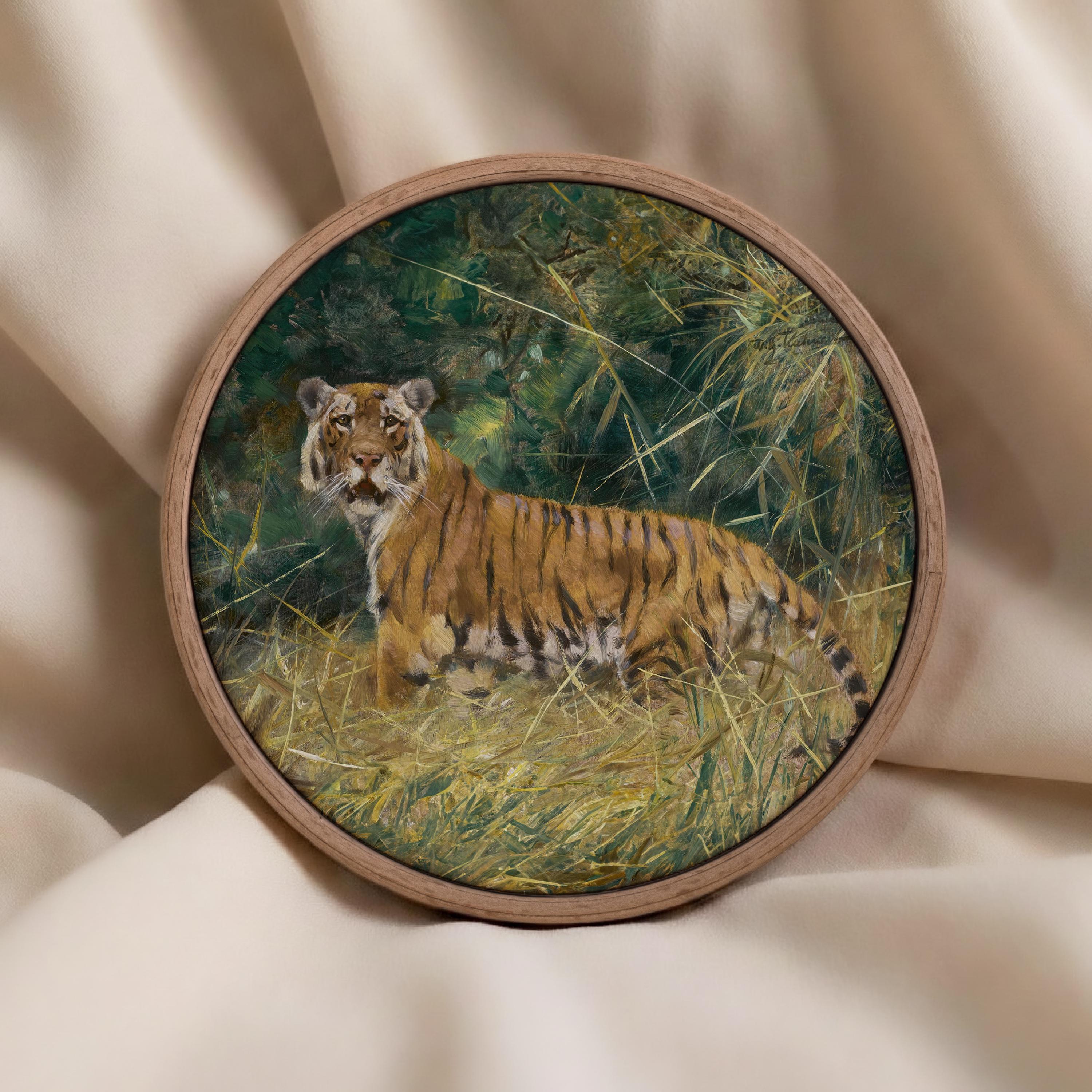 Vintage Tiger Painting, Round Beechwood Canvas Wall Art Vintage Tiger Painting, Round Beechwood Canvas Wall Art
