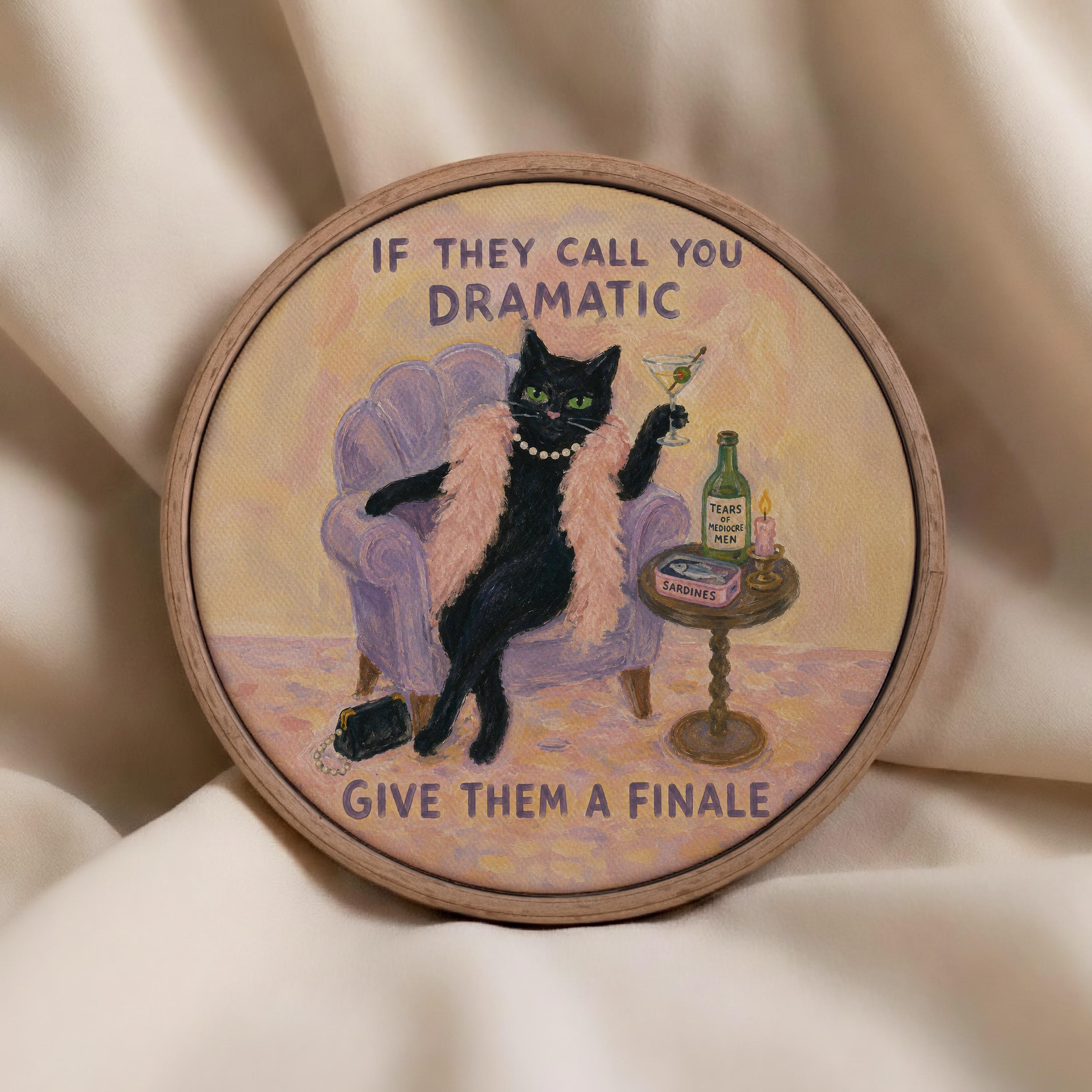 Dramatic Black Cat Round Canvas Wall Art, Framed Funny Cat Print, Quirky Humor Decor, Martini Cat Art, Cat Lover Gift Dramatic Black Cat Round Canvas Wall Art, Framed Funny Cat Print, Quirky Humor Decor, Martini Cat Art, Cat Lover Gift