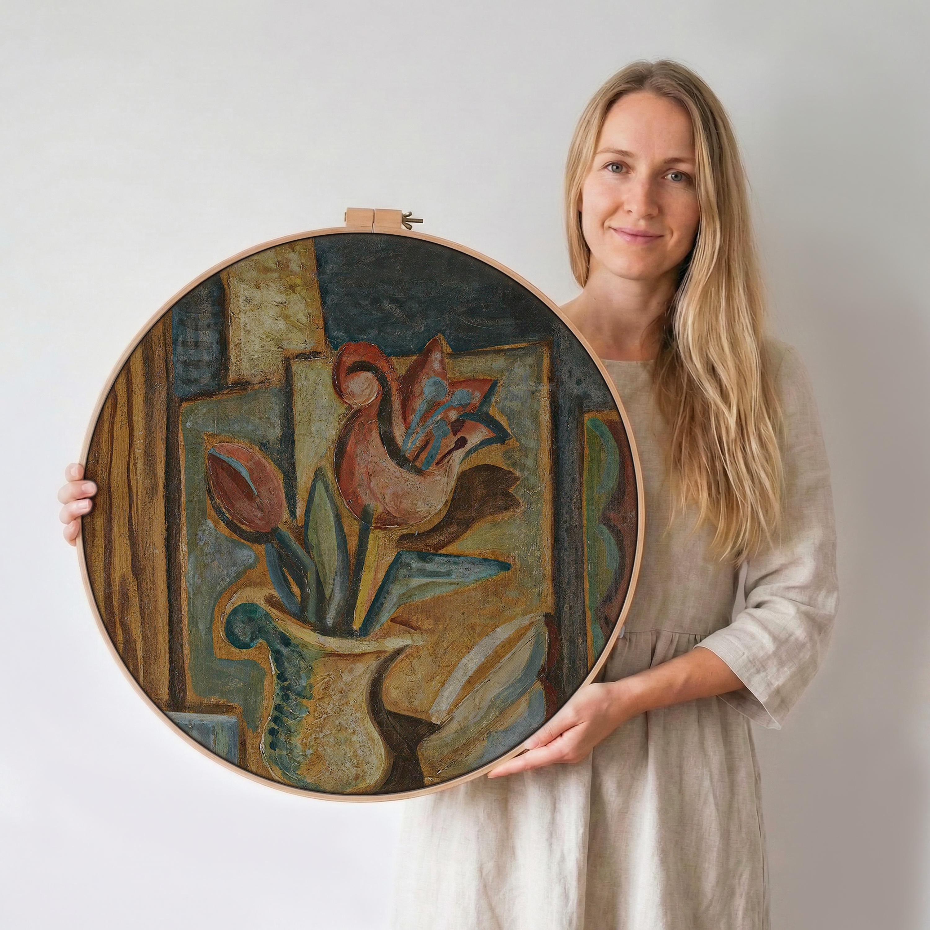 Vintage Tulip Still Life Painting, Rustic Cottagecore Boho Neutral Wall Art Decor Vintage Tulip Still Life Painting, Rustic Cottagecore Boho Neutral Wall Art Decor