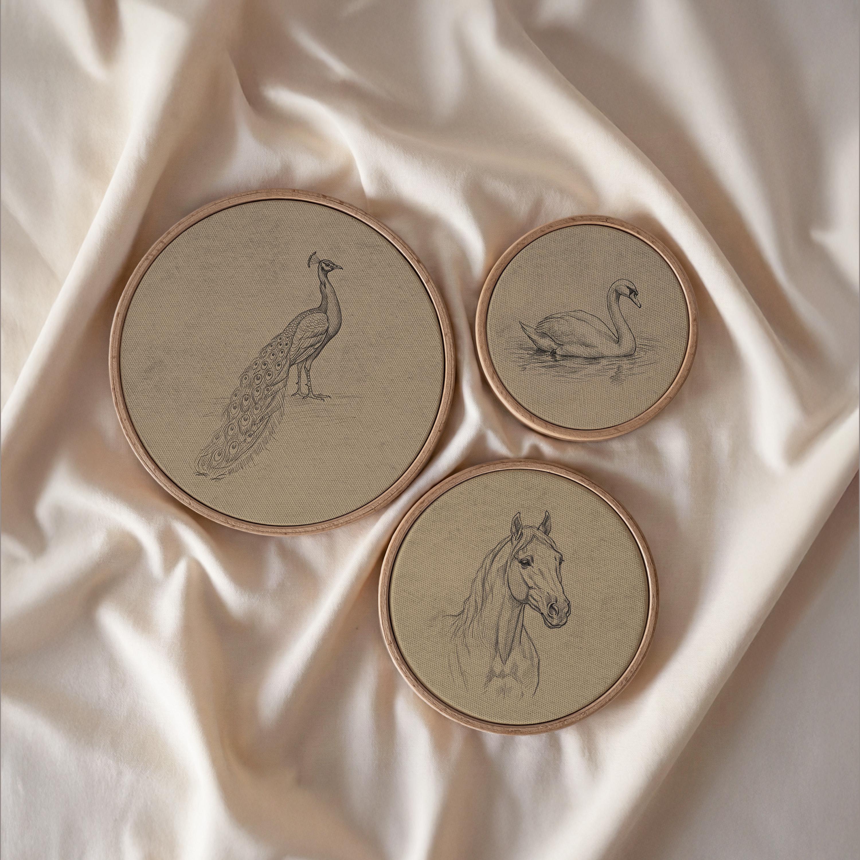 Animal Sketch Prints, Round Beechwood Canvas Wall Art, Set of 3