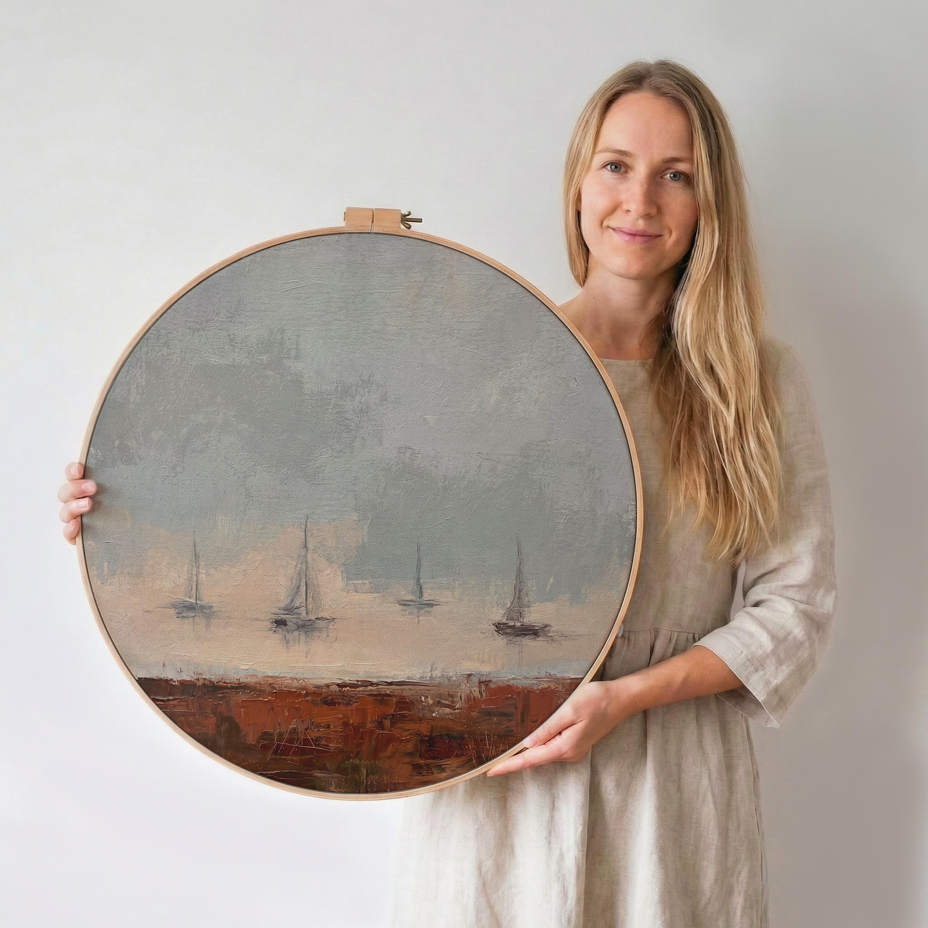 Sailboat Painting Framed Canvas | Moody Nautical Wall Decor | Round Canvas Seascape Print | Coastal Home Gift