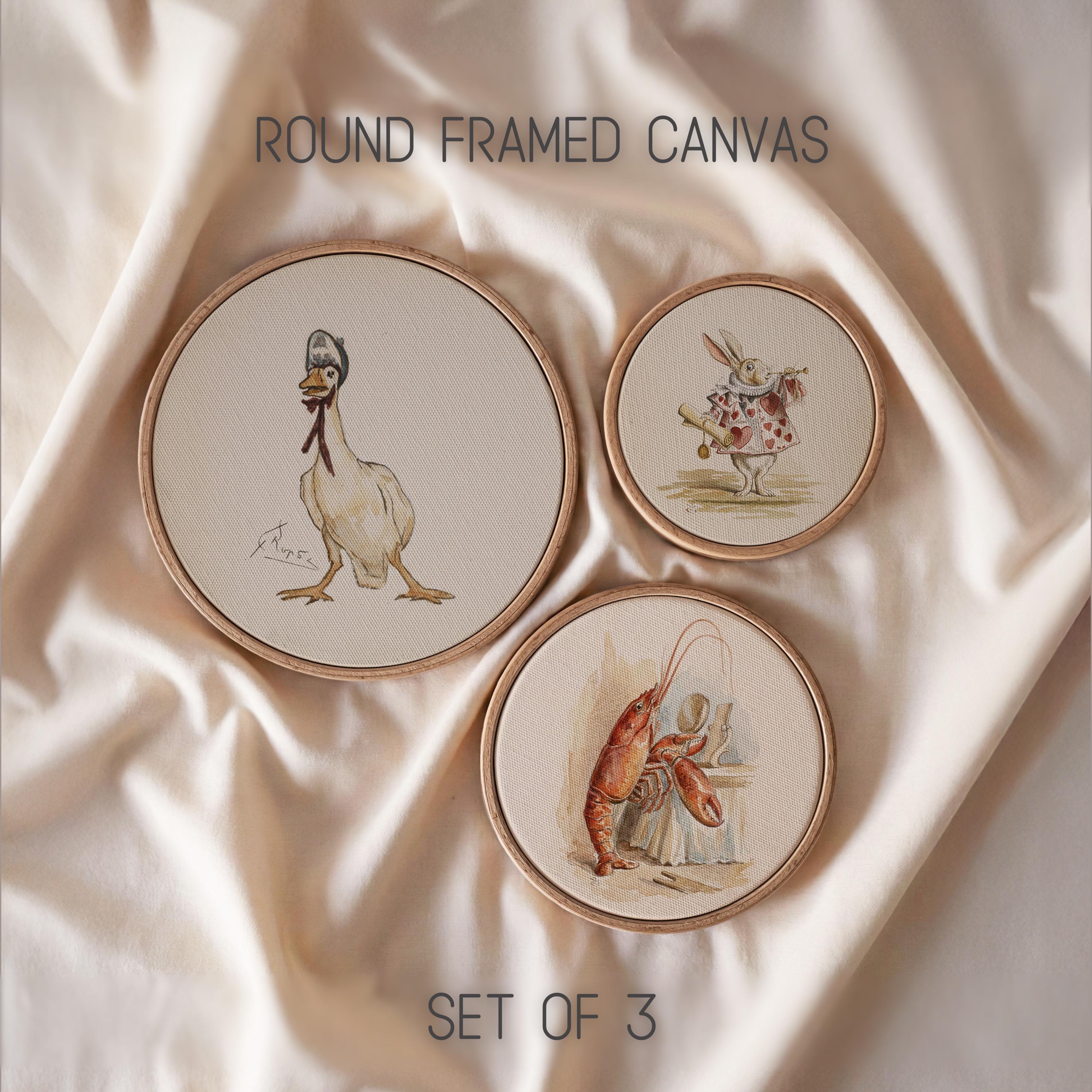 Set of 3 Round Framed Canvas Prints, Whimsical Watercolor Animal Illustrations, Vintage Storybook Art