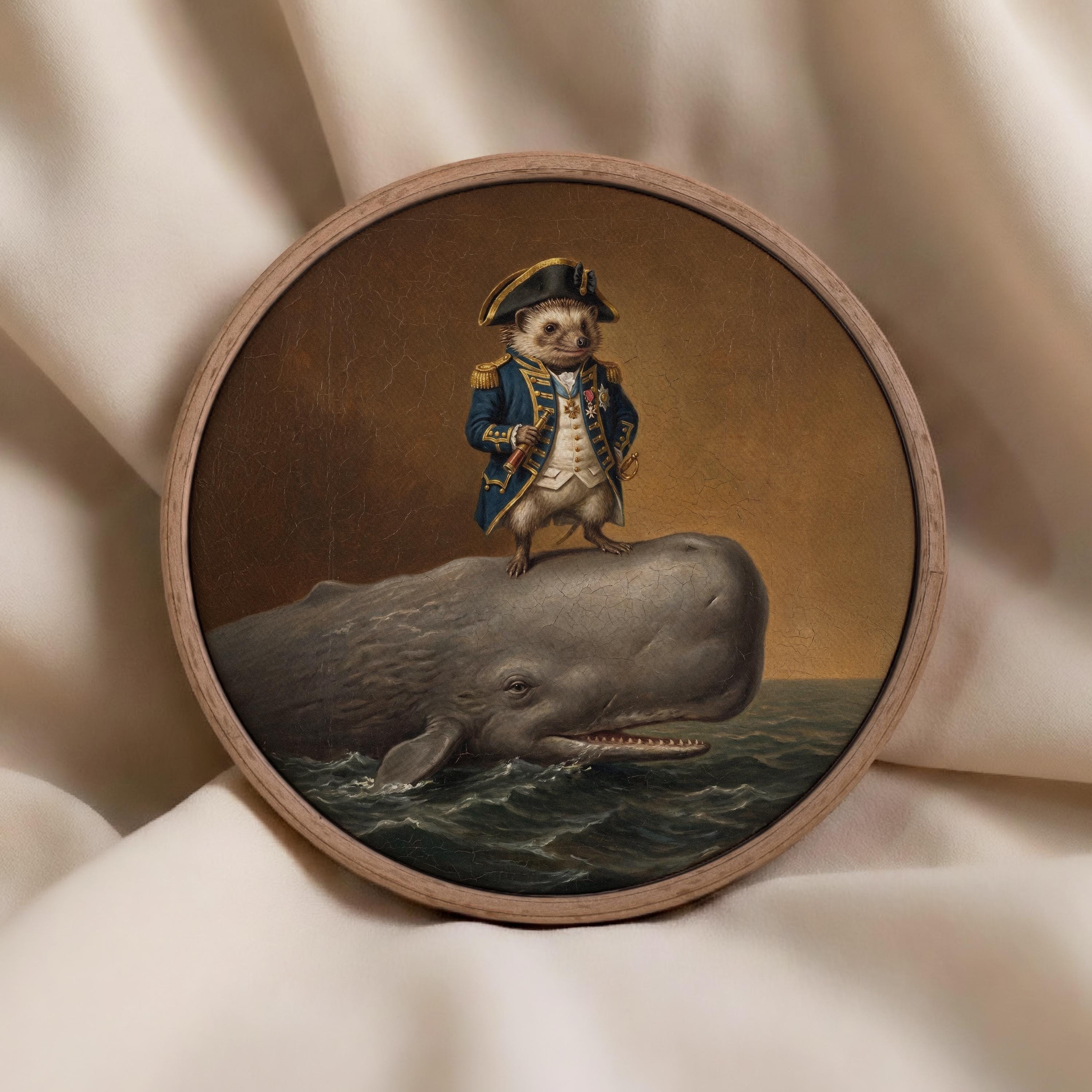 Hedgehog Admiral Wall Art · Captain Hedgehog on Whale · Nautical Animal Decor · Funny Gift