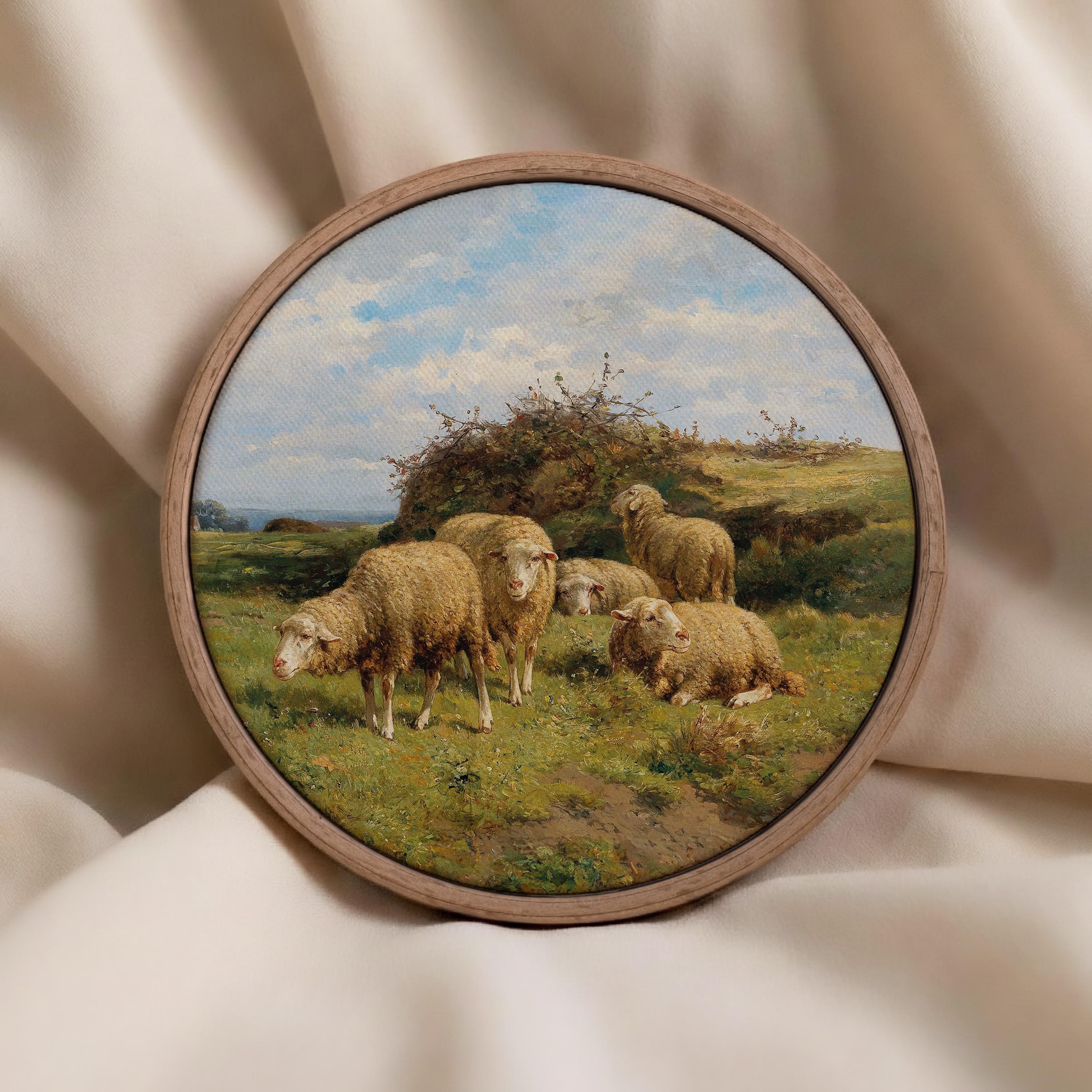 Sheep Painting | Vintage Landscape Print | English Farmhouse Nursery Wall Art Print on Round Canvas