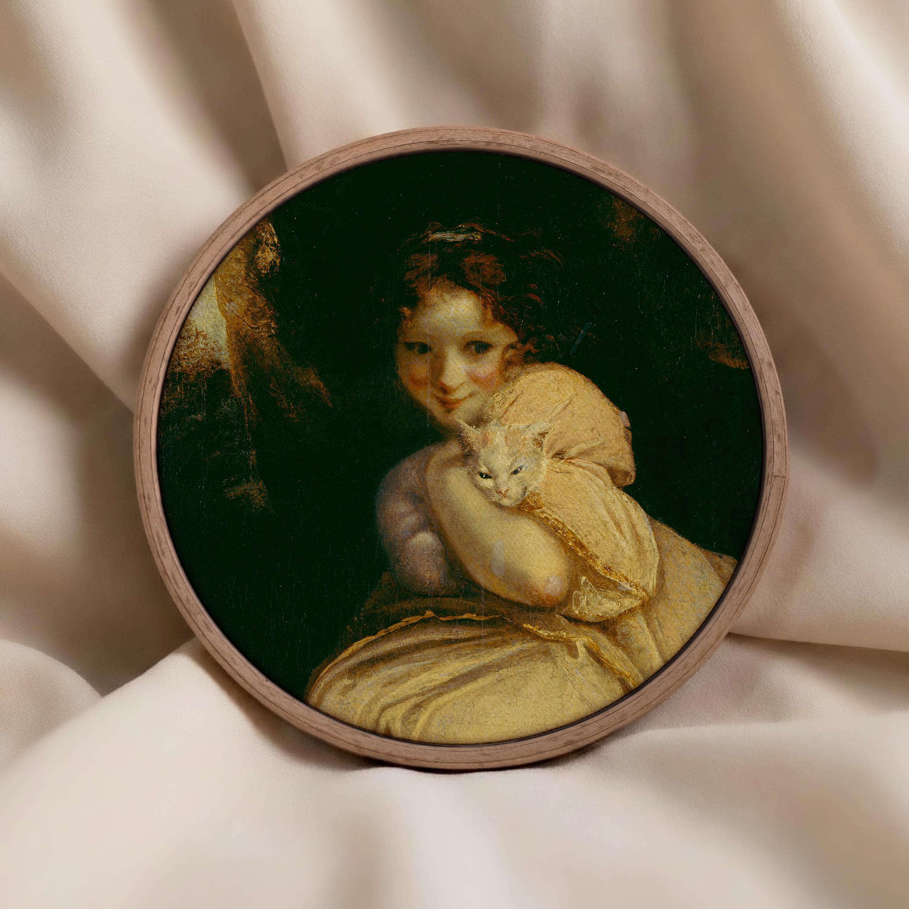 Vintage Girl Holding Cat Painting Print, Moody Old Master Canvas Decor