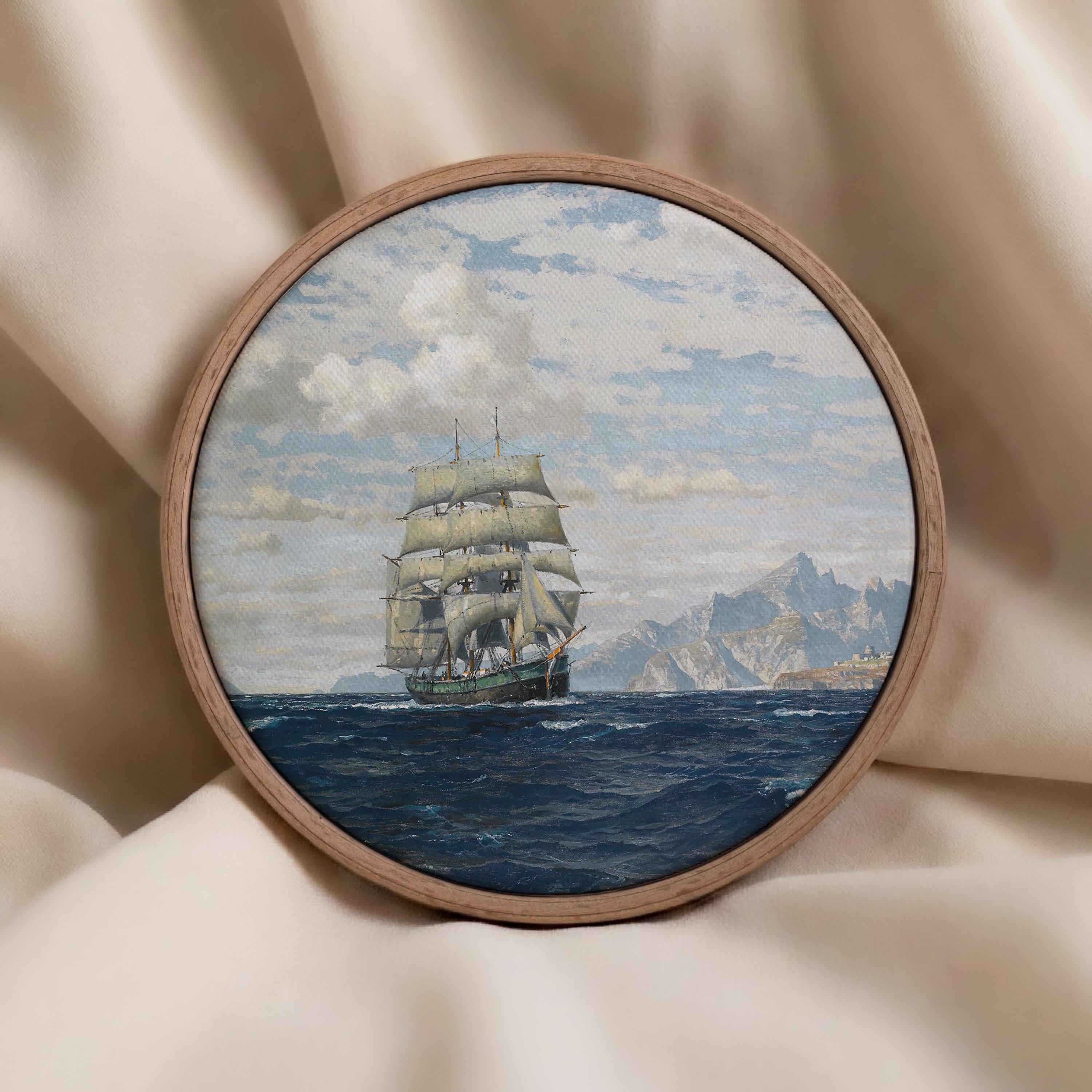 Vintage Tall Ship Painting - Round Maritime Art Print, Coastal Decor Vintage Tall Ship Painting - Round Maritime Art Print, Coastal Decor