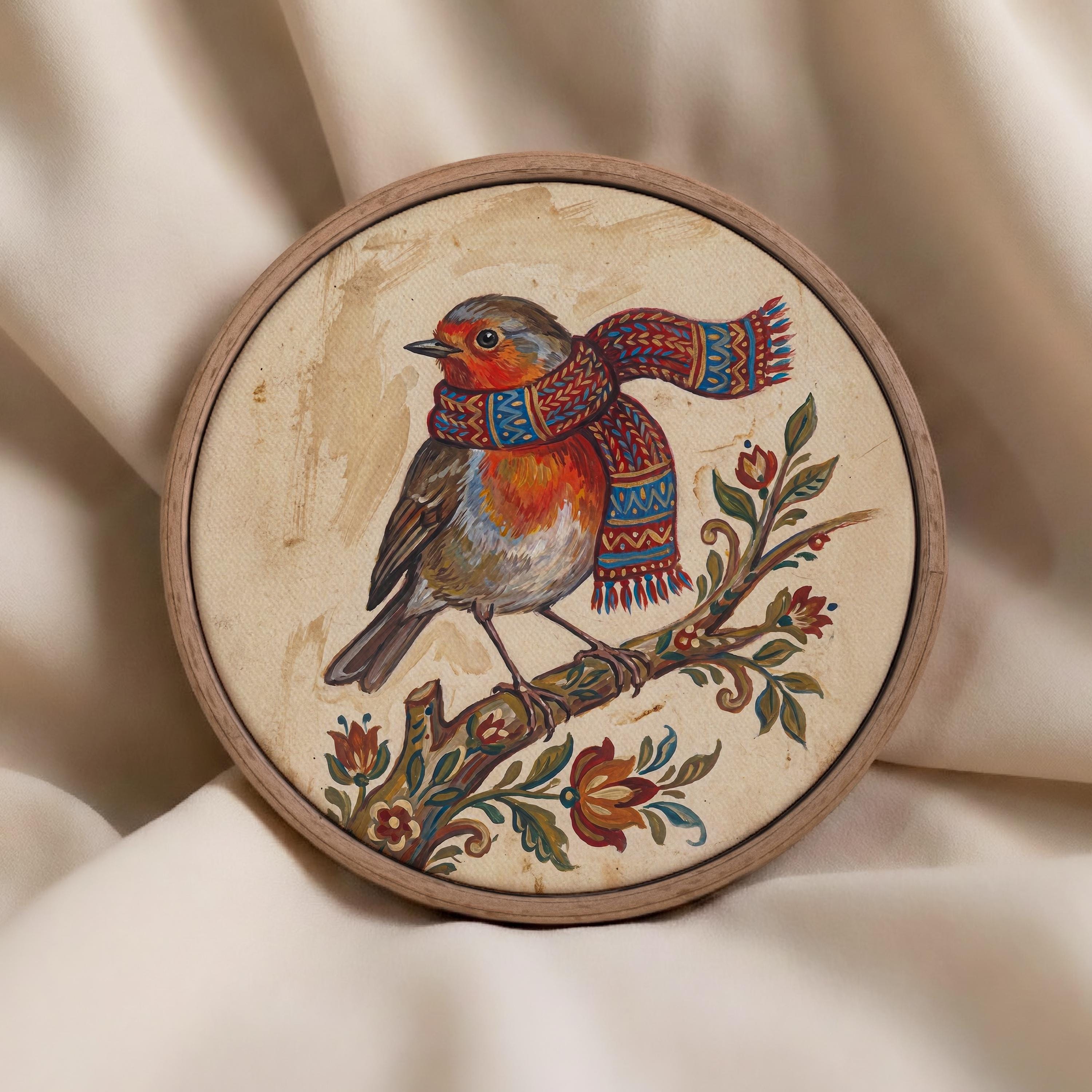 Robin Scarf Wall Art · Folk Art Bird Painting · Cottagecore Bird Decor · Cute Robin Christmas Gift
