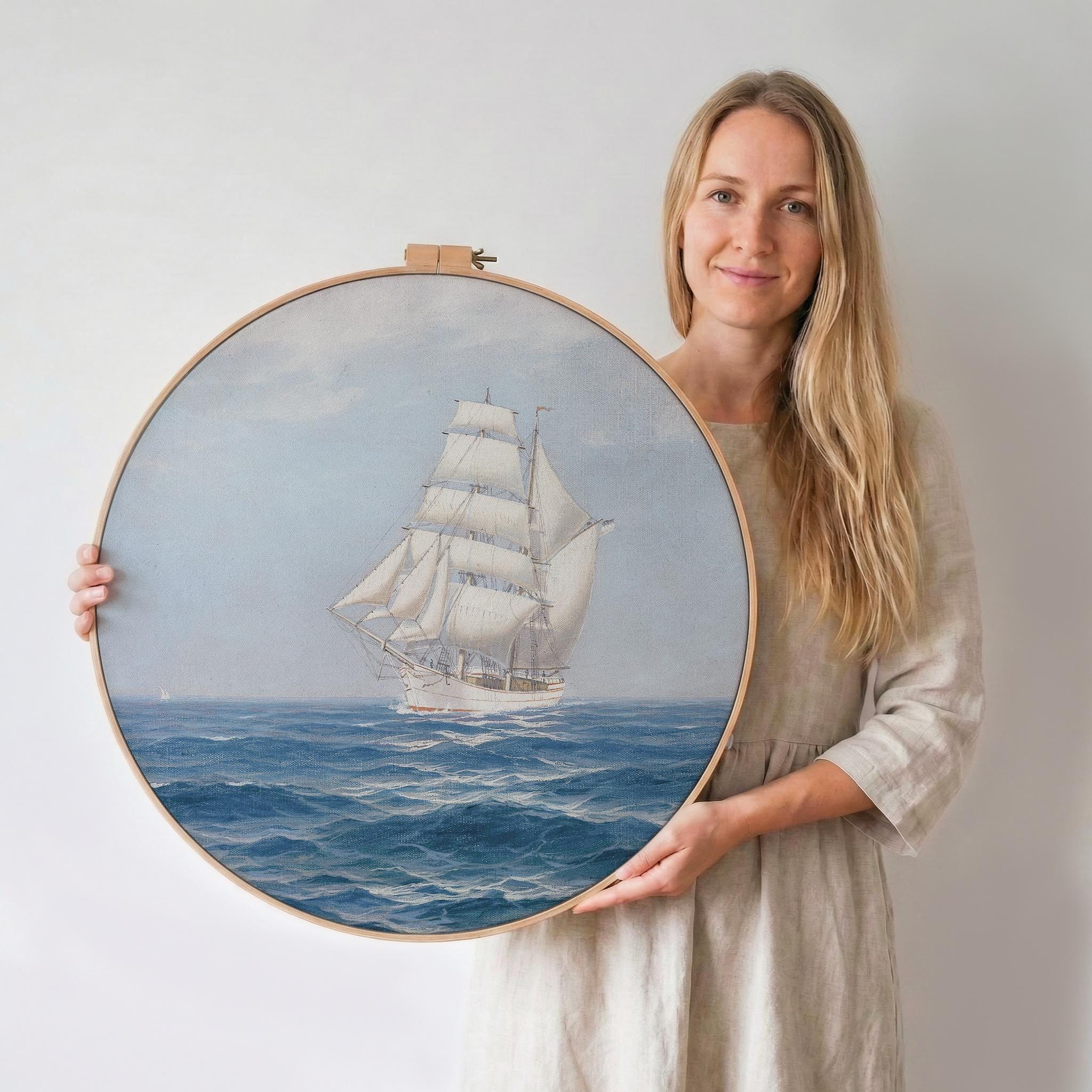 Large Round Framed Sailing Ship Canvas Print: Vintage Nautical Coastal Wall Art Large Round Framed Sailing Ship Canvas Print: Vintage Nautical Coastal Wall Art