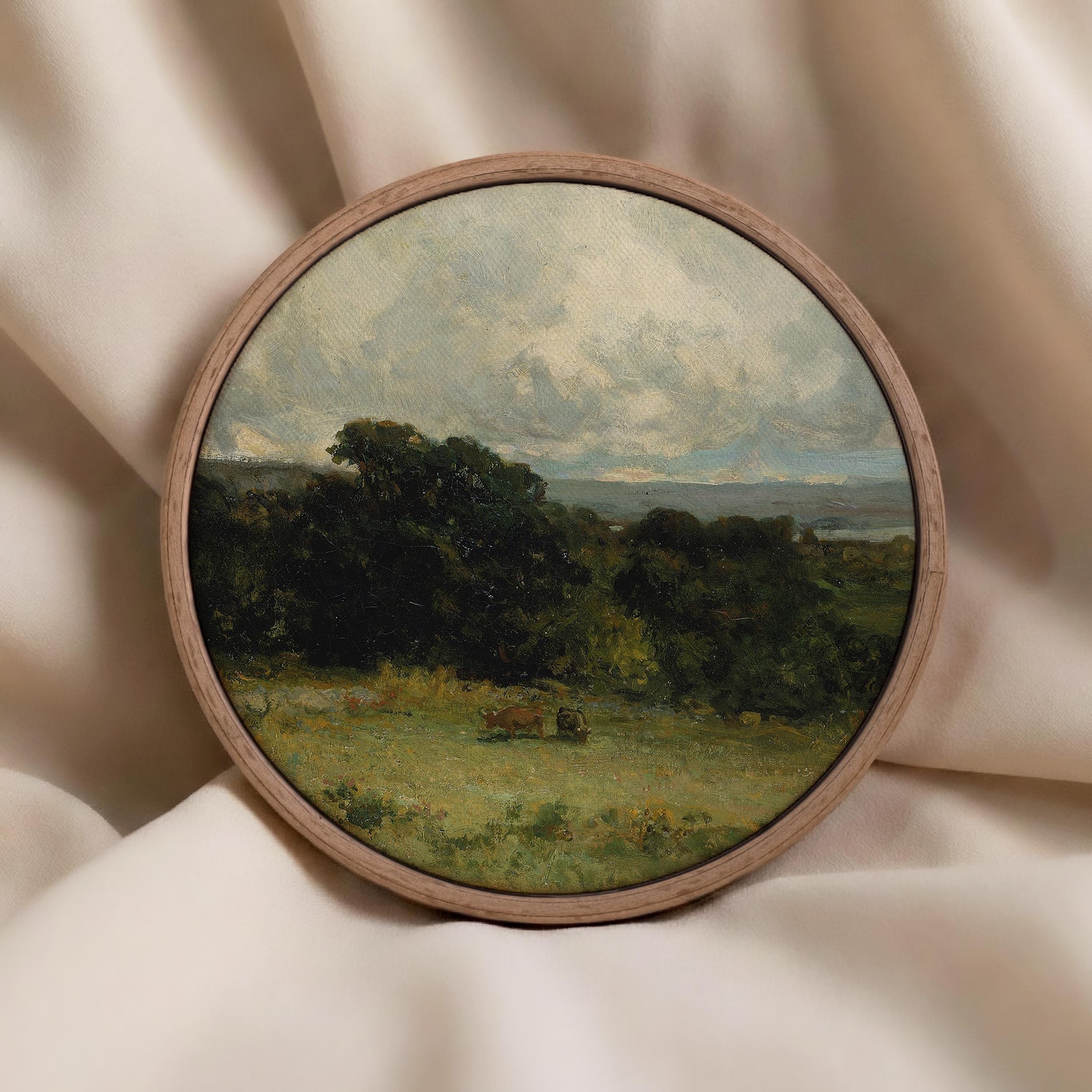 Antique English Countryside Round Canvas Art Print