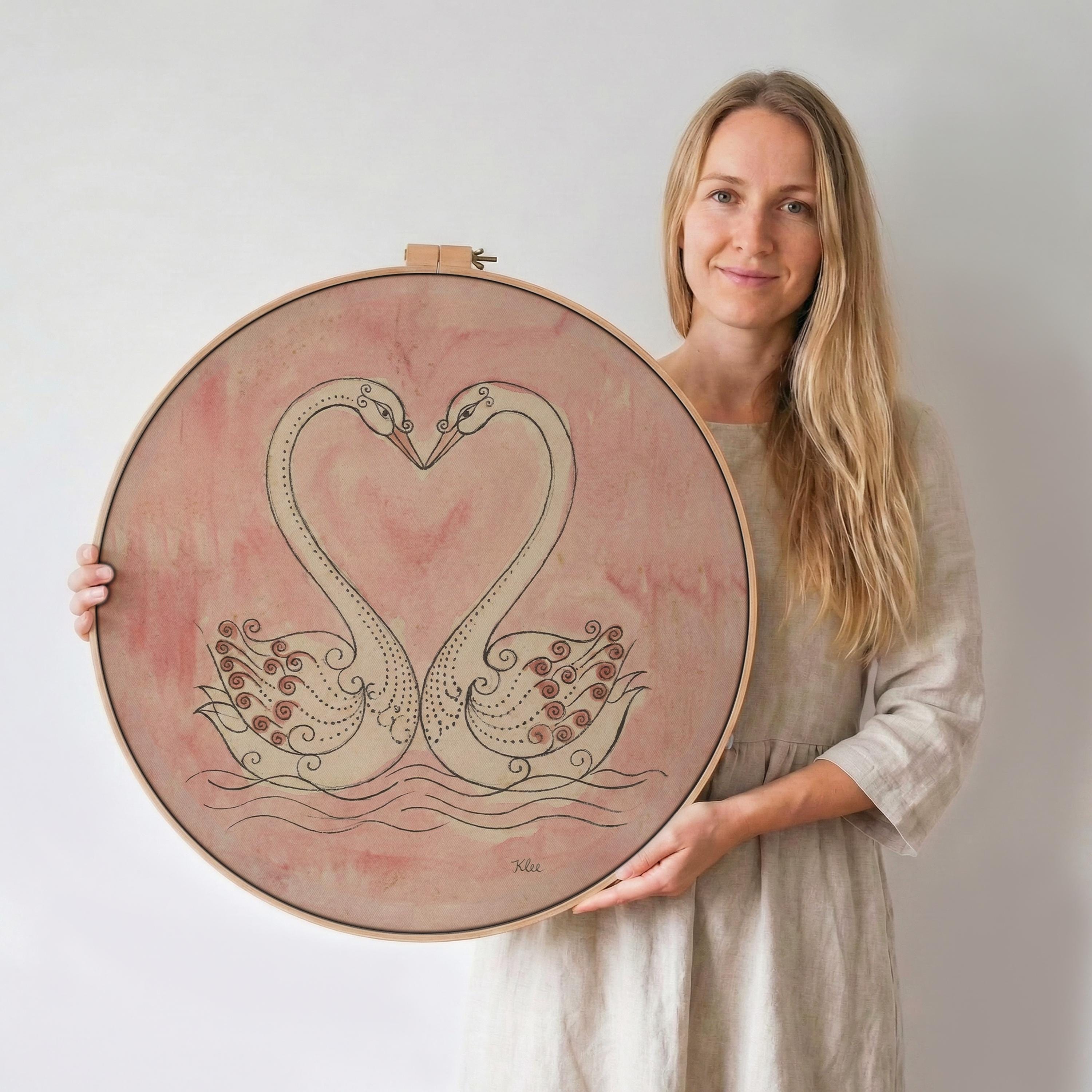 Round Swan Wall Art, Blush Pink Romantic Canvas Print, Wedding/Anniversary Gift, Nursery Decor