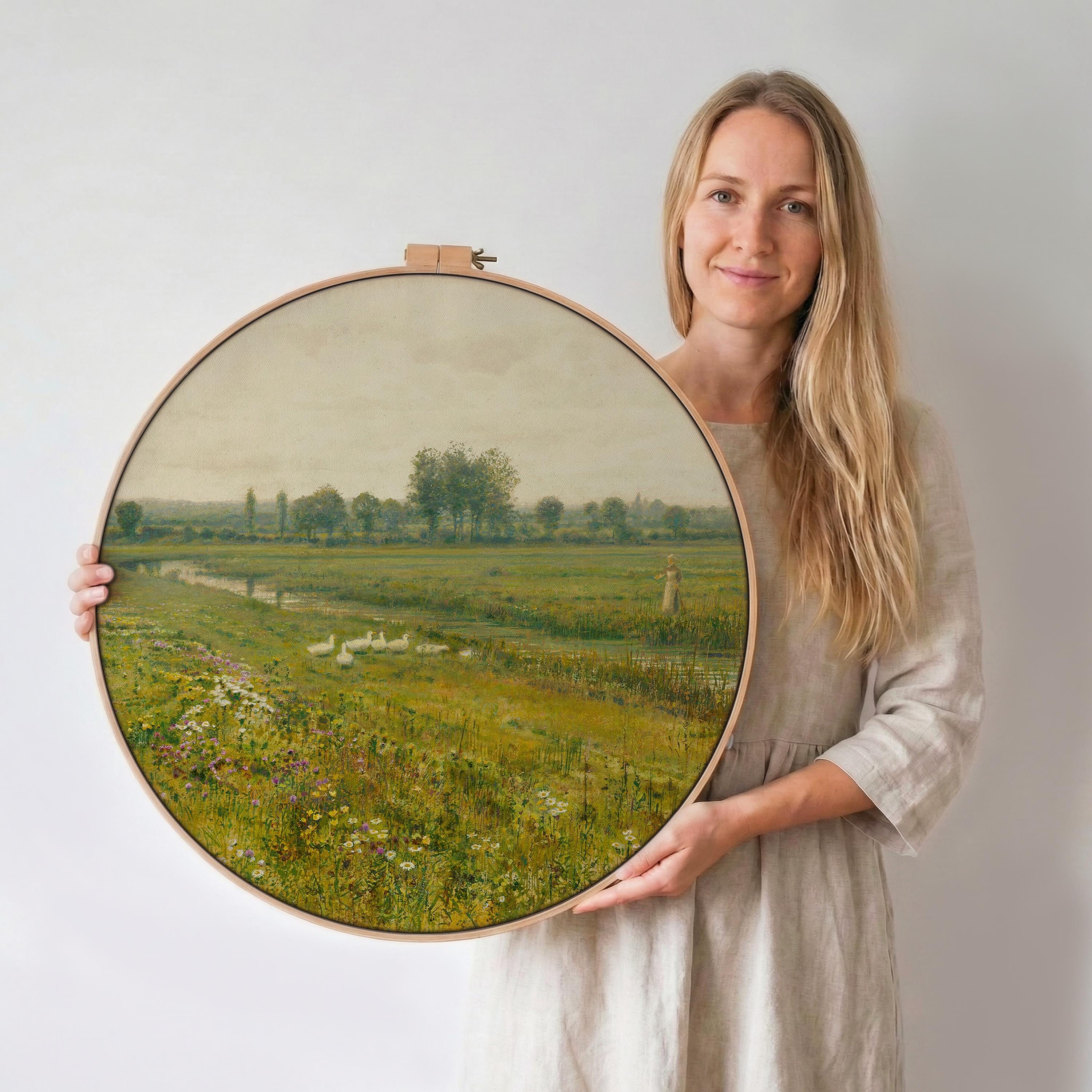 Round Spring Landscape Canvas Art: Framed Beech Wood Print