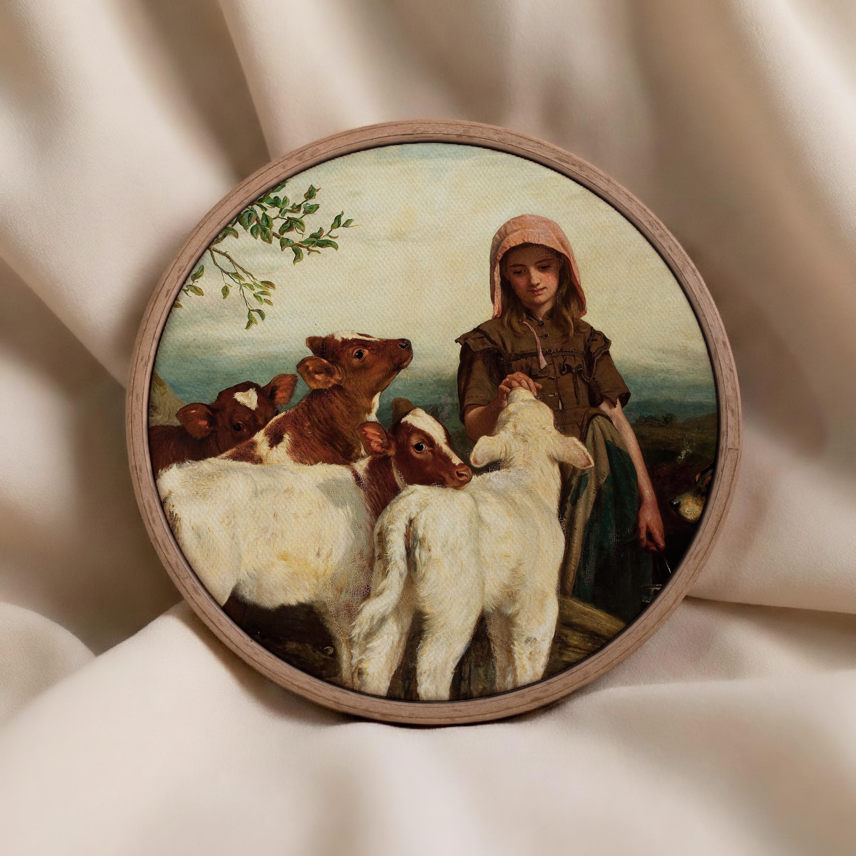Vintage Shepherdess Round Canvas Print – Farmhouse Nursery Decor
