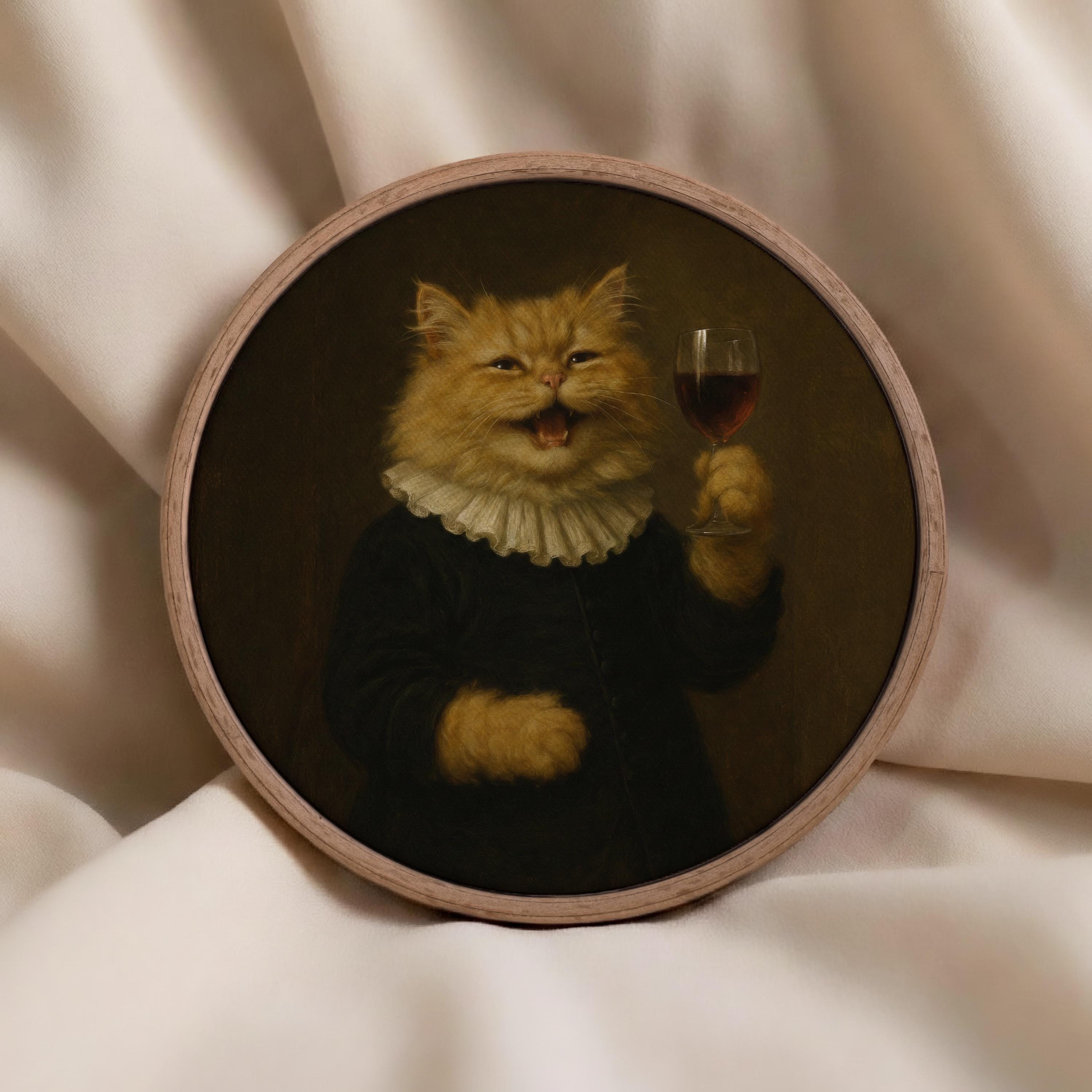 Laughing Cat Wine Wall Art · Dutch Golden Age Cat Portrait · Funny Wine Lover Gift · Dark Academia Cat