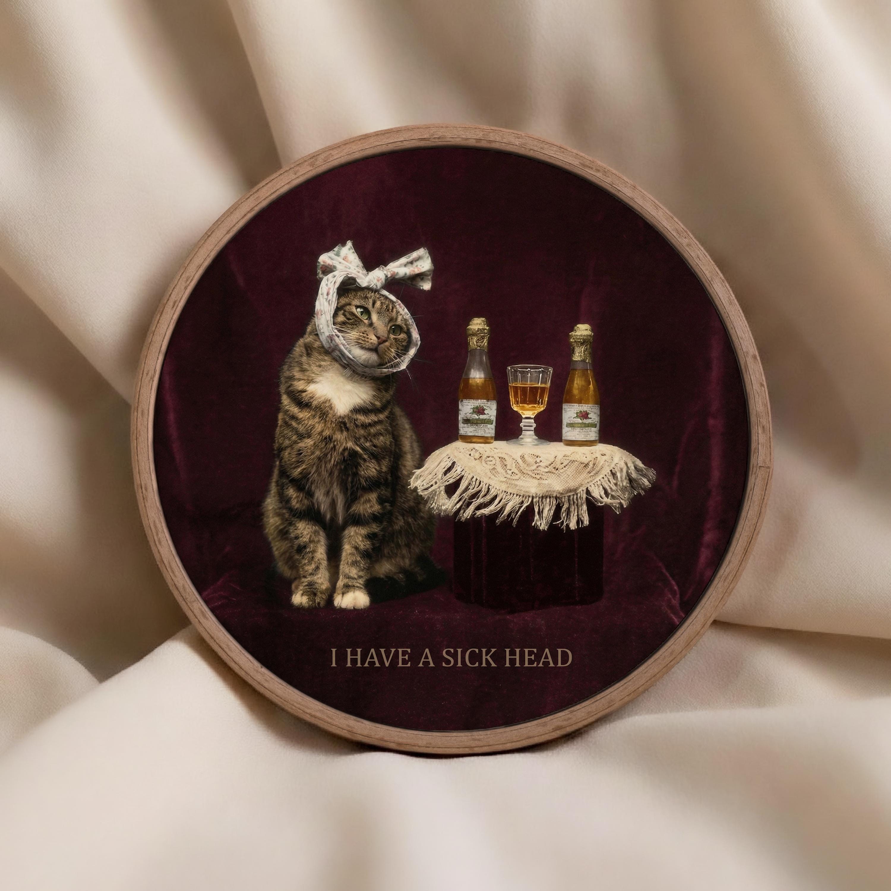 Funny Hangover Cat Print, Dark Humor Vintage Style Decor, Moody Quirky Round Framed Canvas