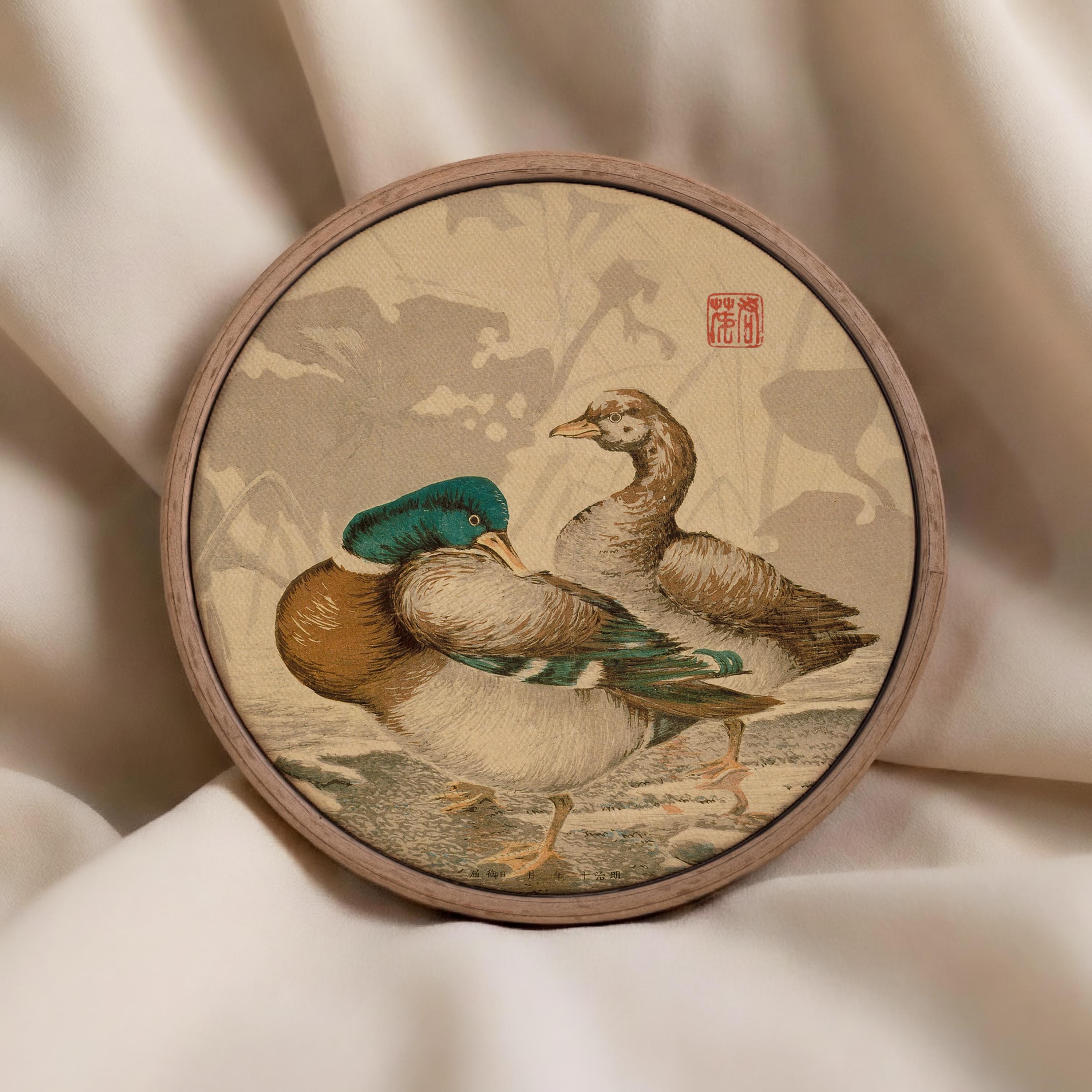 Mandarin Duck Wall Art · Japanese Bird Pair Painting · Japandi Nature Decor · Couples Love Bird Gift