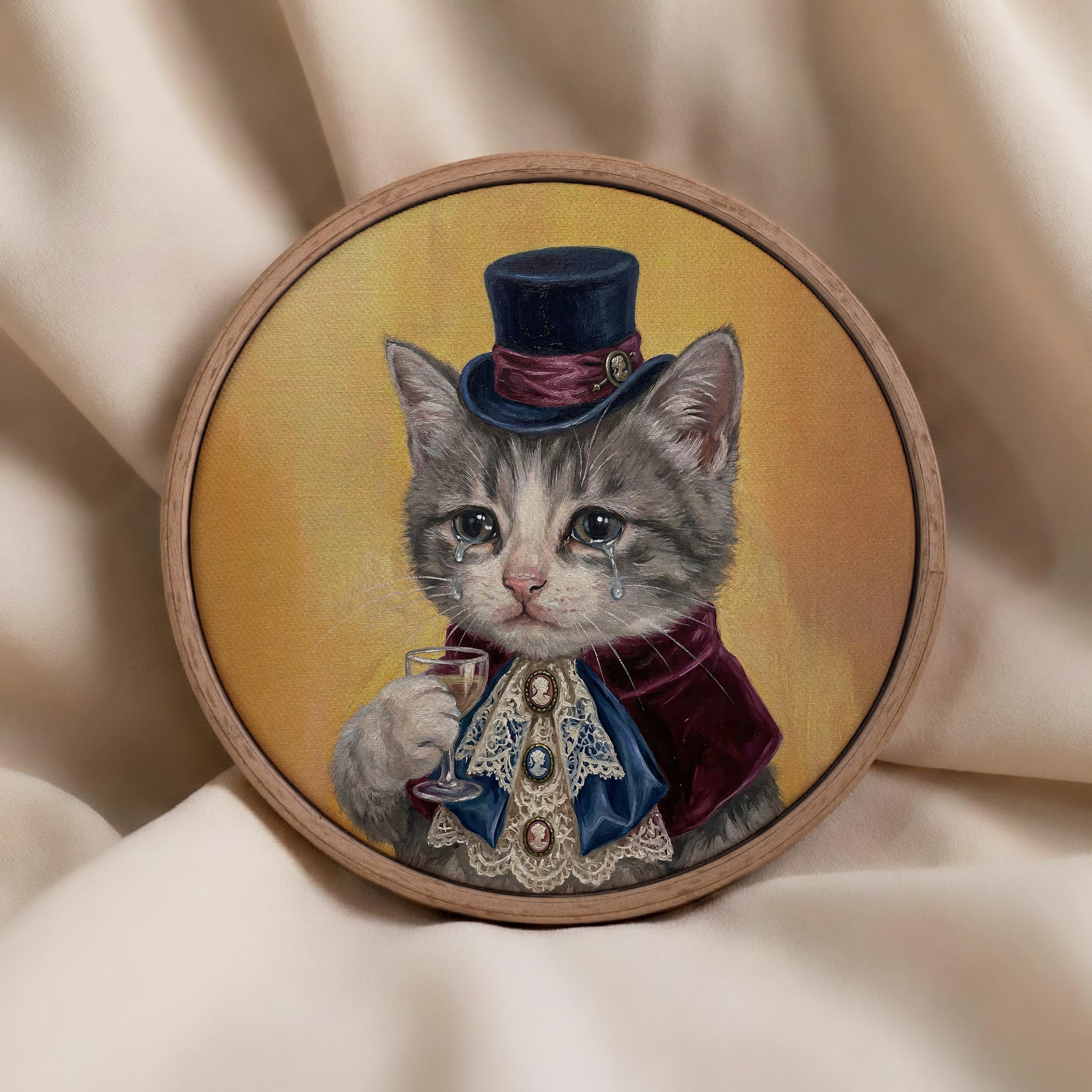 Whimsical Victorian Kitten Painting, Gothic Cottagecore Decor, Round Framed Canvas