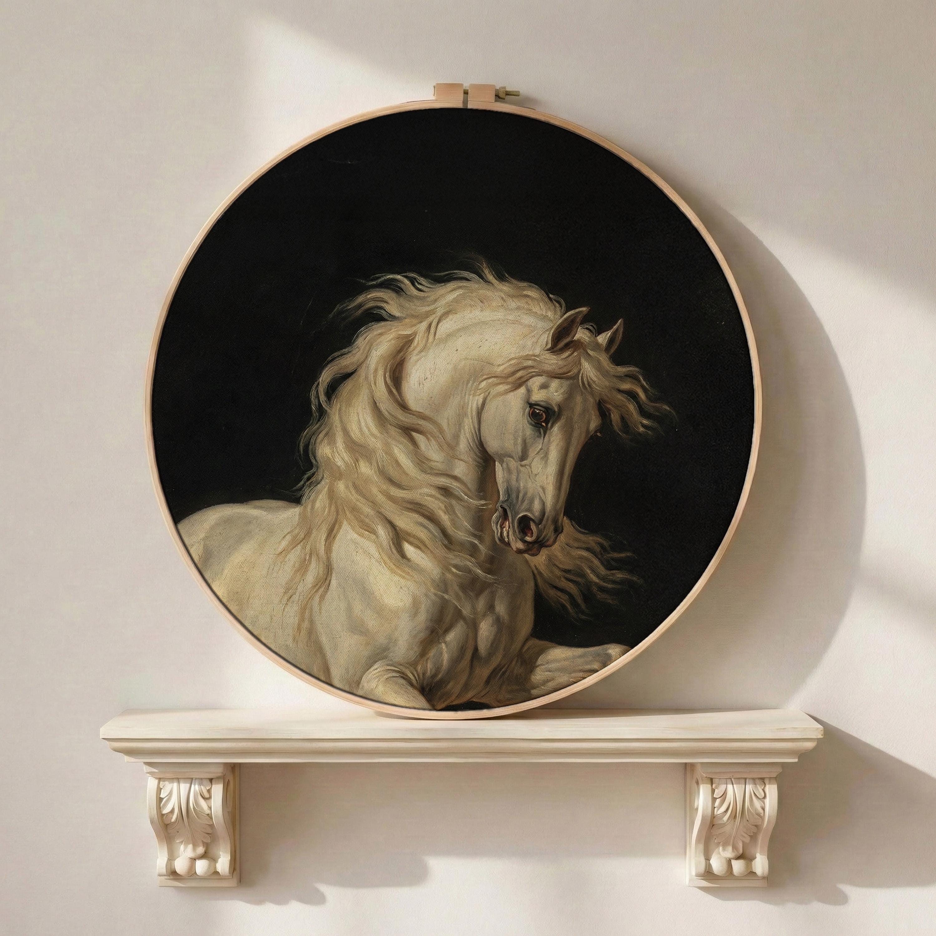 White Horse Baroque Portrait Round Canvas Art, Moody Equestrian Classical Decor White Horse Baroque Portrait Round Canvas Art, Moody Equestrian Classical Decor