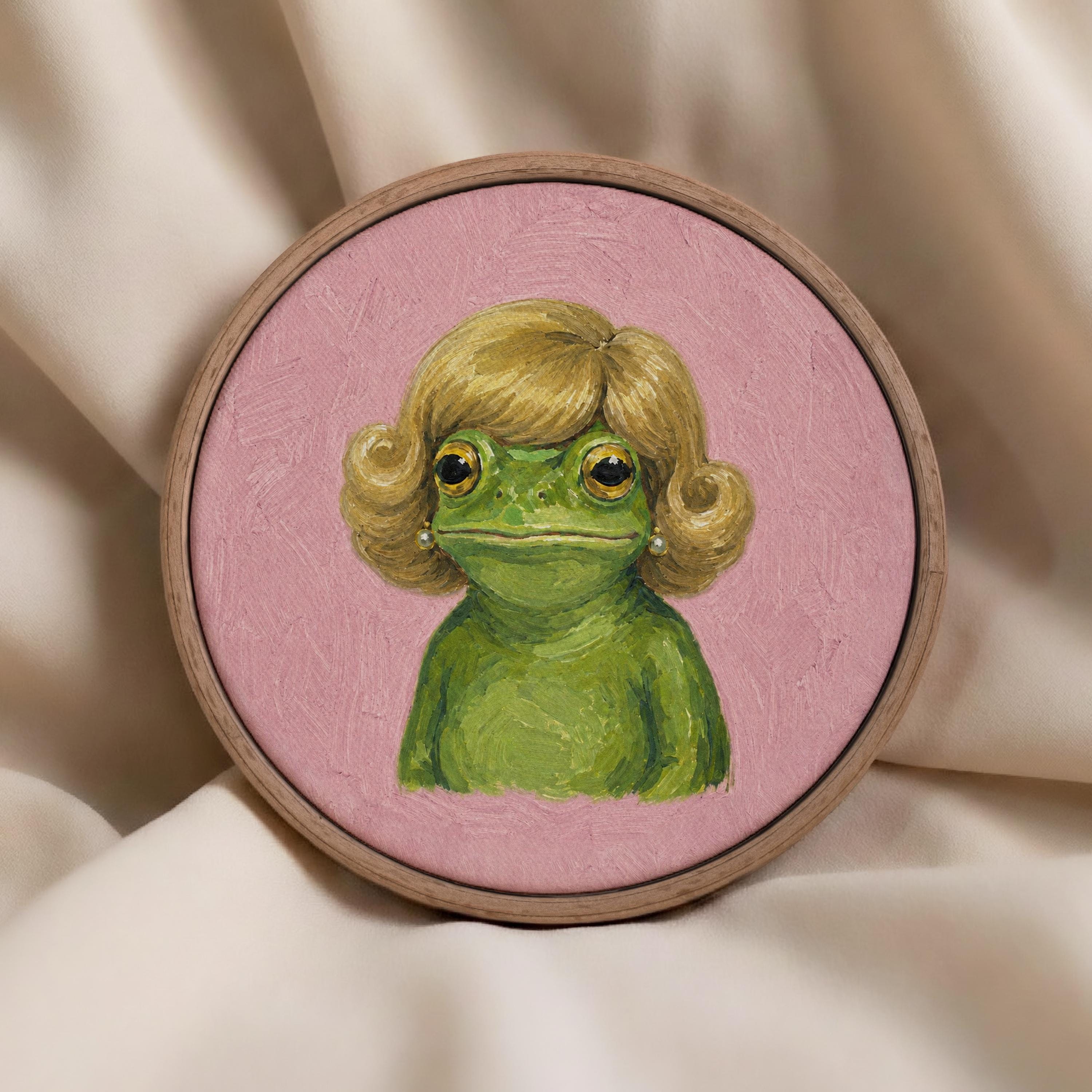 Whimsical Frog Round Canvas Wall Art, Framed Funny Animal Portrait, Pink Cottagecore Decor, Quirky Nursery Print, Frog Lover Gift Whimsical Frog Round Canvas Wall Art, Framed Funny Animal Portrait, Pink Cottagecore Decor, Quirky Nursery Print, Frog Lover Gift