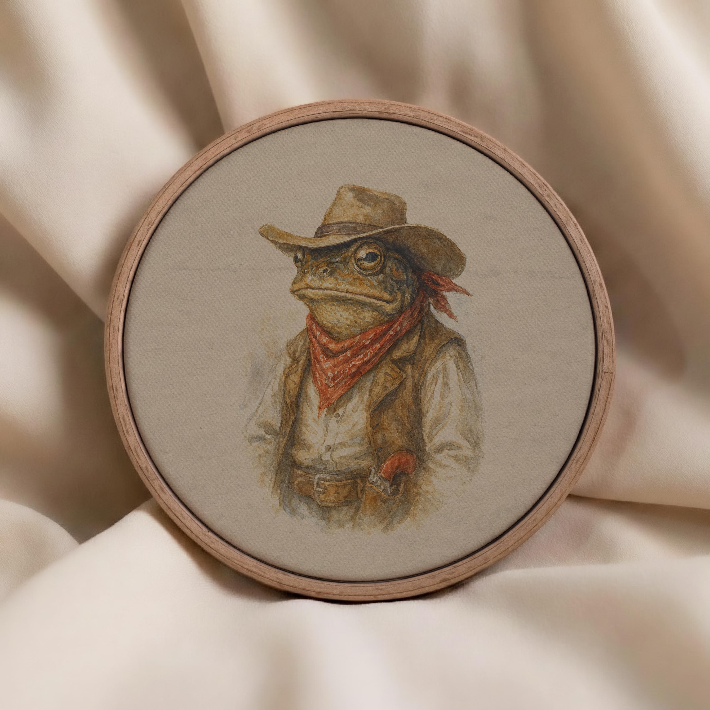 Cowboy Frog Wall Art Print, Whimsical Western Animal Portrait, Vintage Style Funny Frog Illustration, Rustic Cottagecore Decor