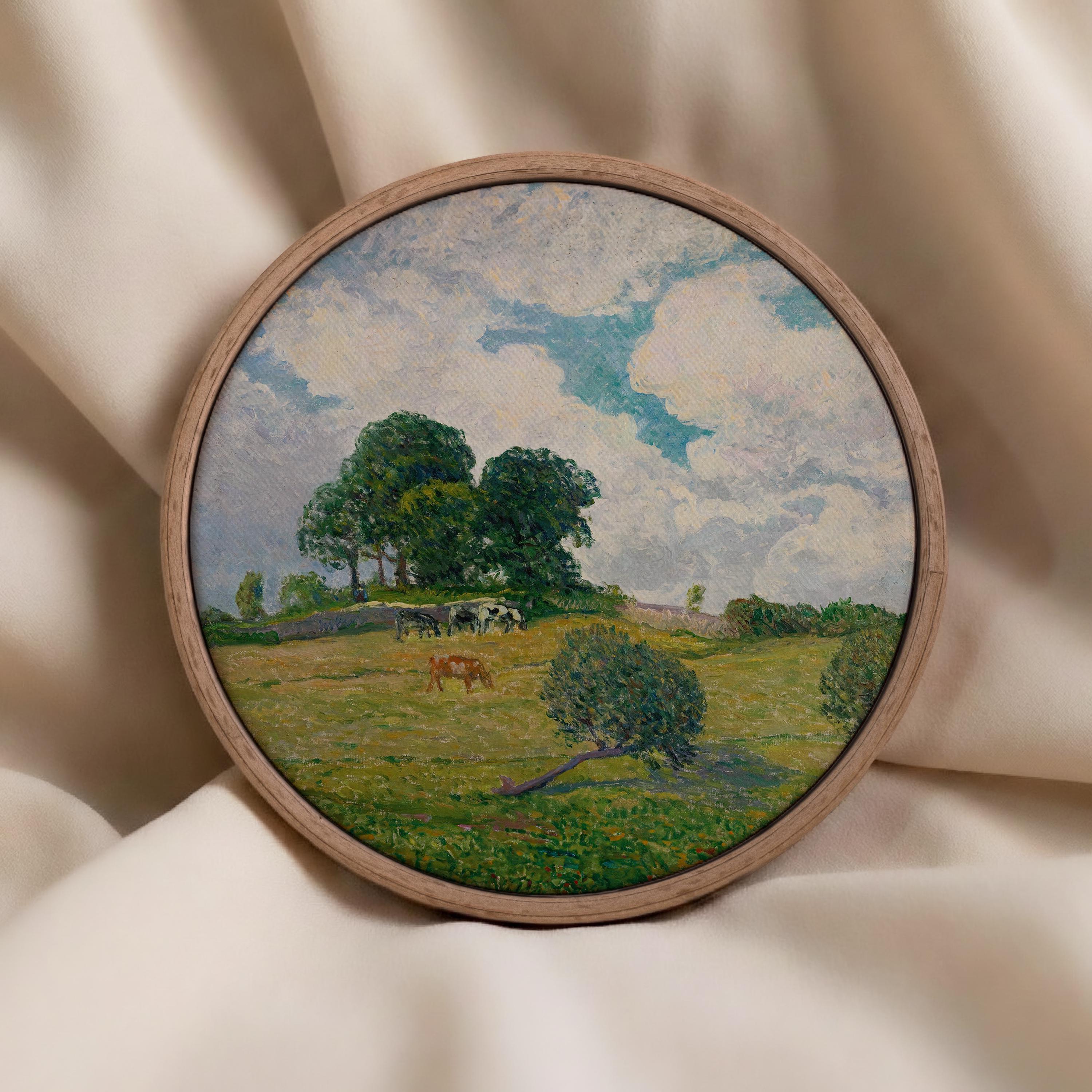 Vintage Countryside Round Canvas Print | Pastoral Cows Landscape Art