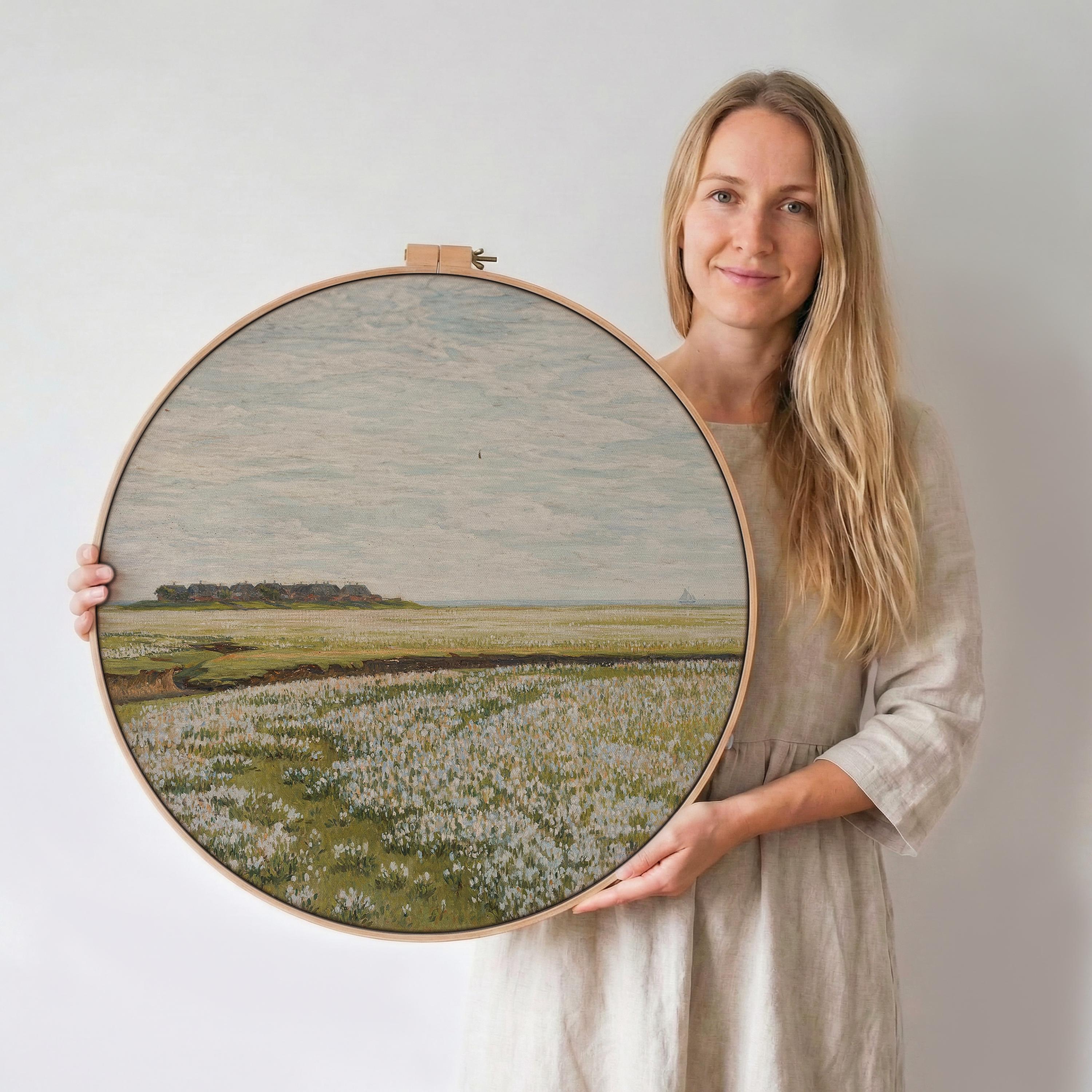 Vintage Landscape Meadow Wildflowers Wall Art, Soft Neutral Nature Canvas Print