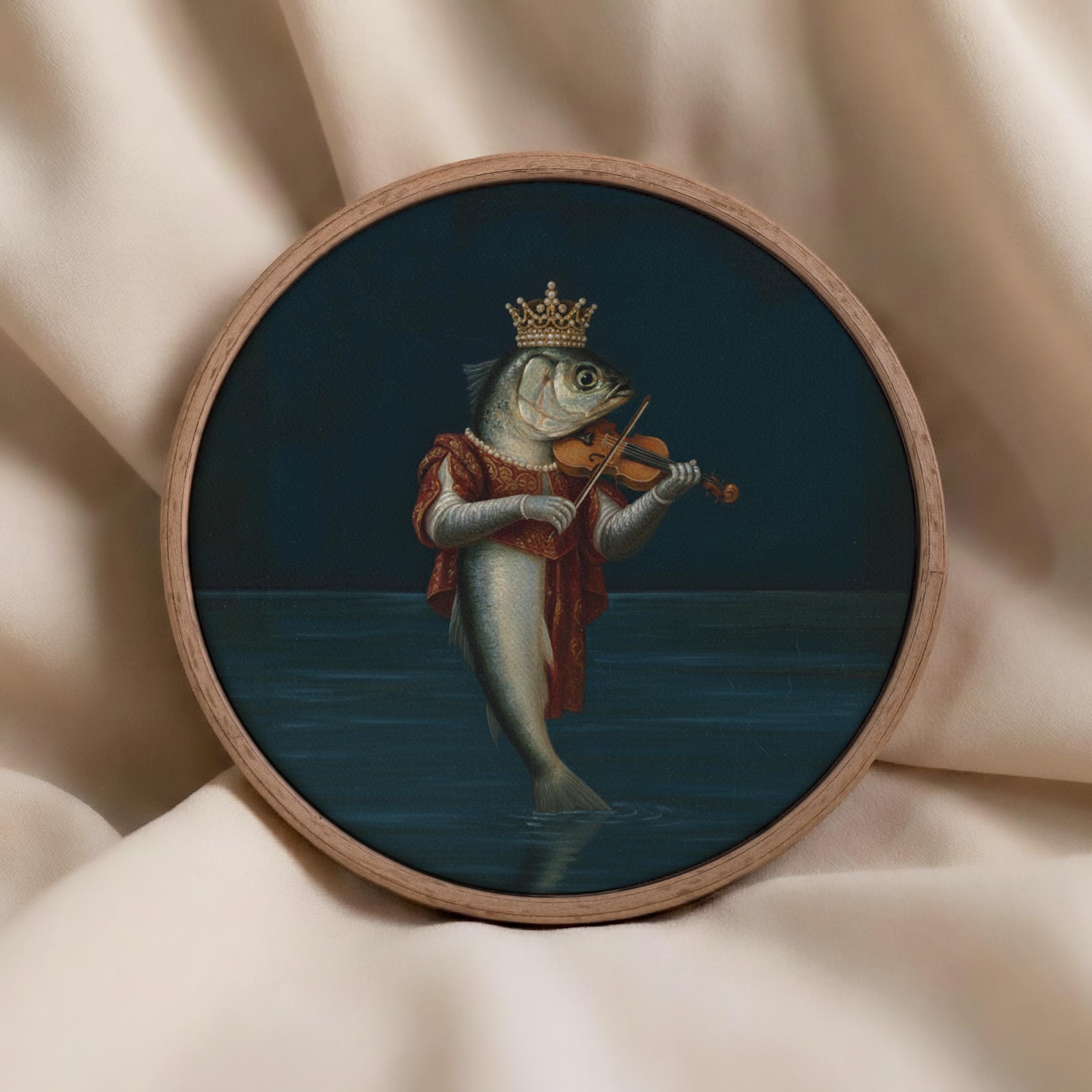 Royal Fish Violinist Portrait • Round Beechwood Framed Canvas Art