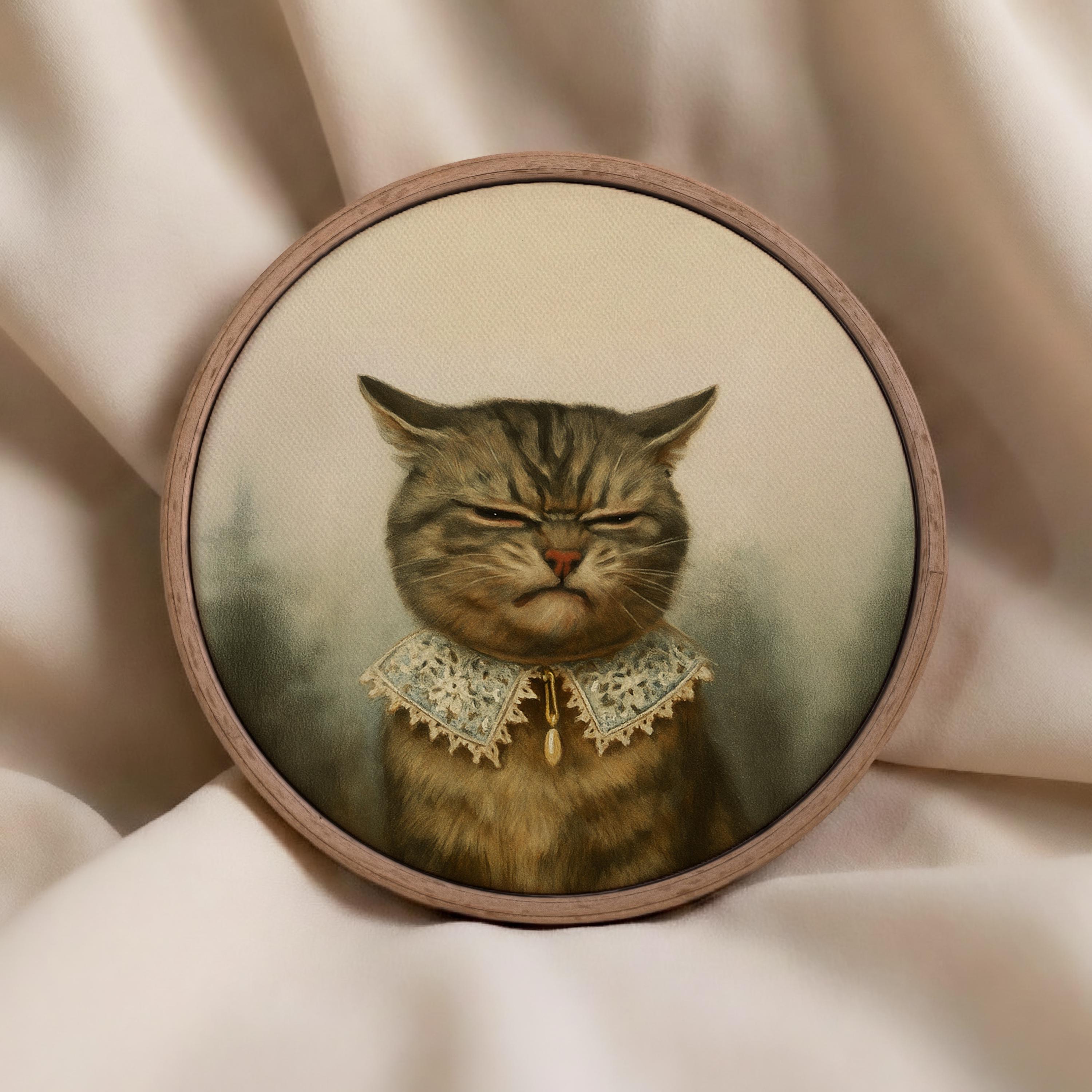 Victorian Grumpy Cat Portrait Print, Funny Cat Wall Art, Vintage Animal Painting Framed Canvas