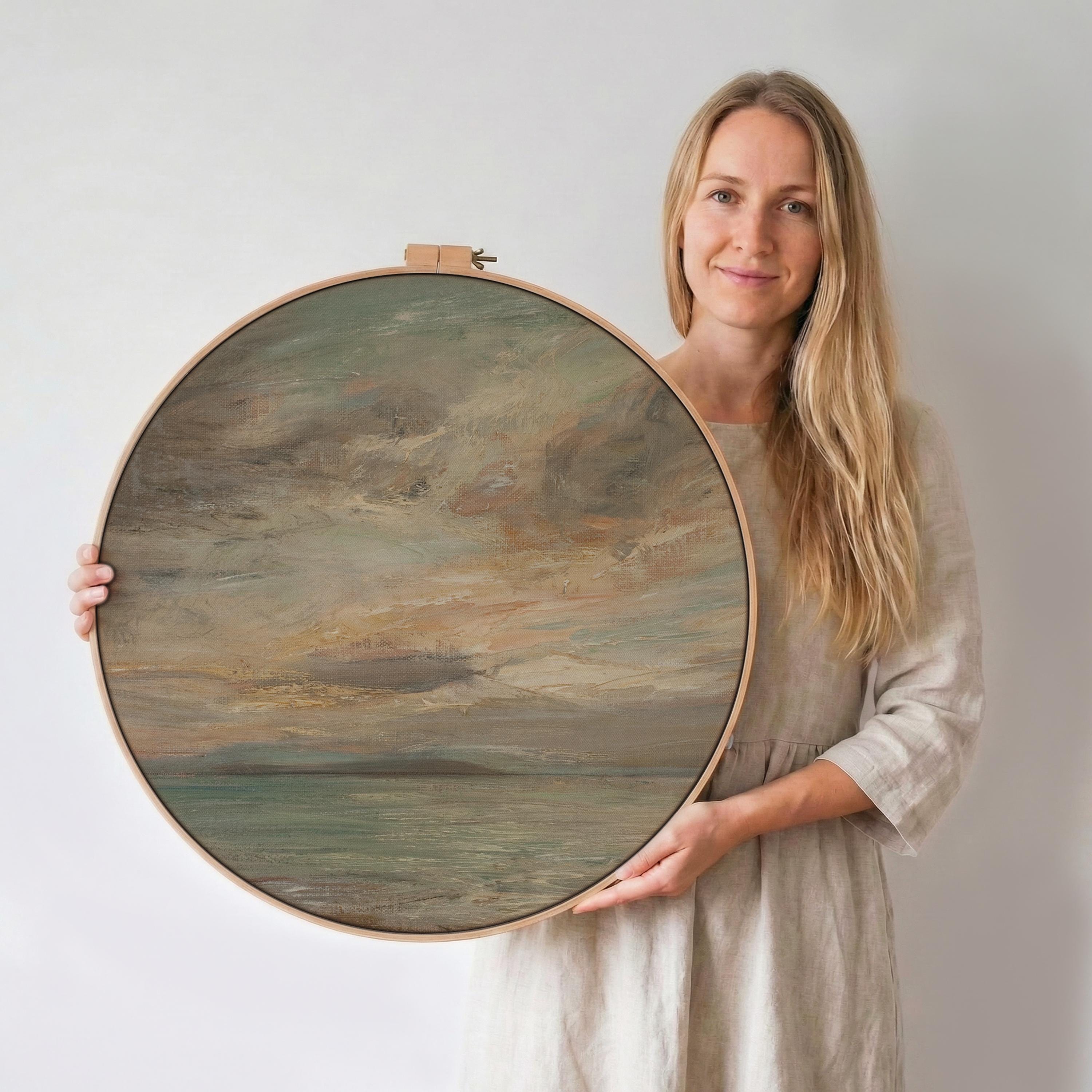 Round Canvas Cloud Painting, Vintage Sky Landscape Art Print
