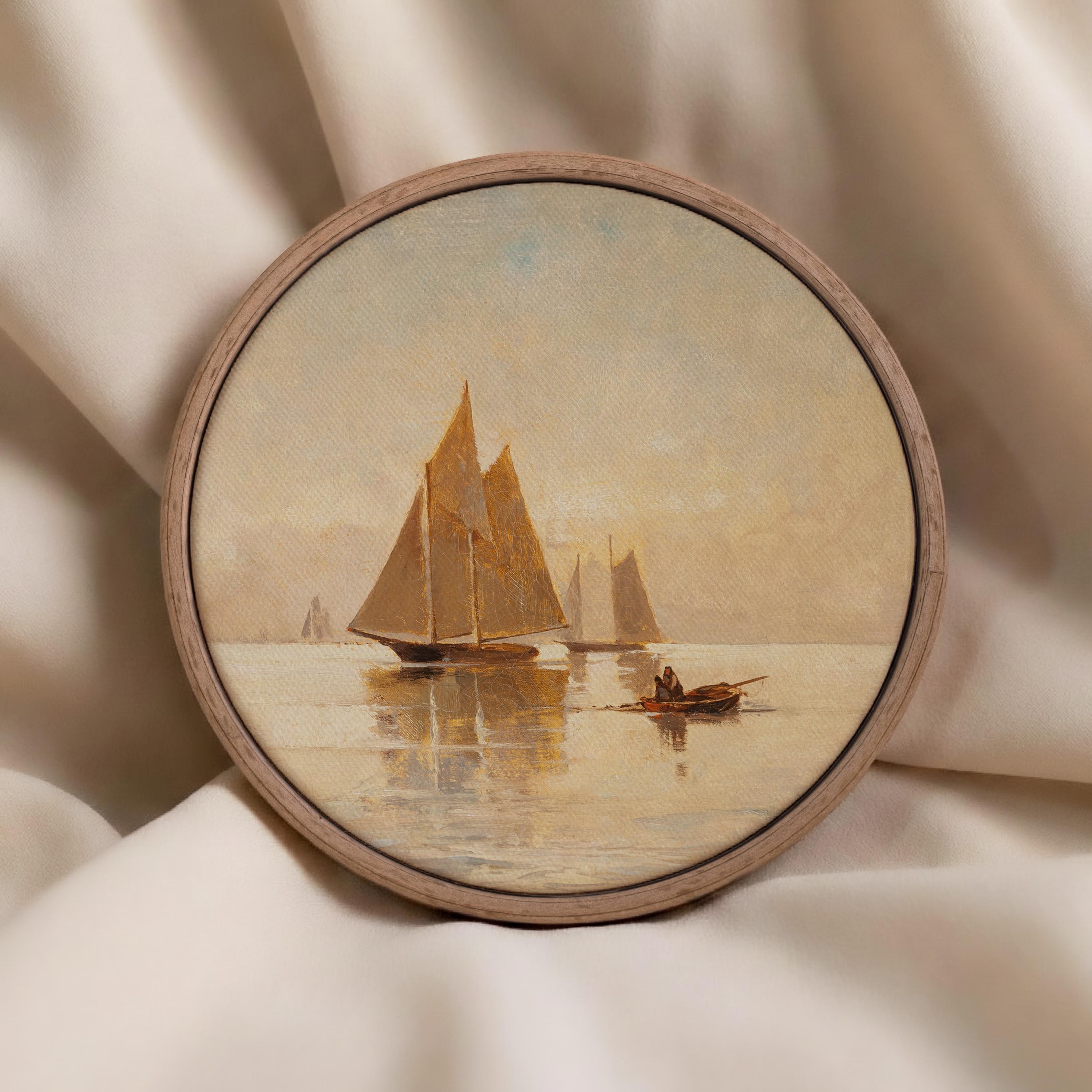 Sailboats at Sunset Oil Painting Print - Neutral Seascape Art - Nautical Wall Decor, Vintage Nautical Wall Art Print on Round Canvas