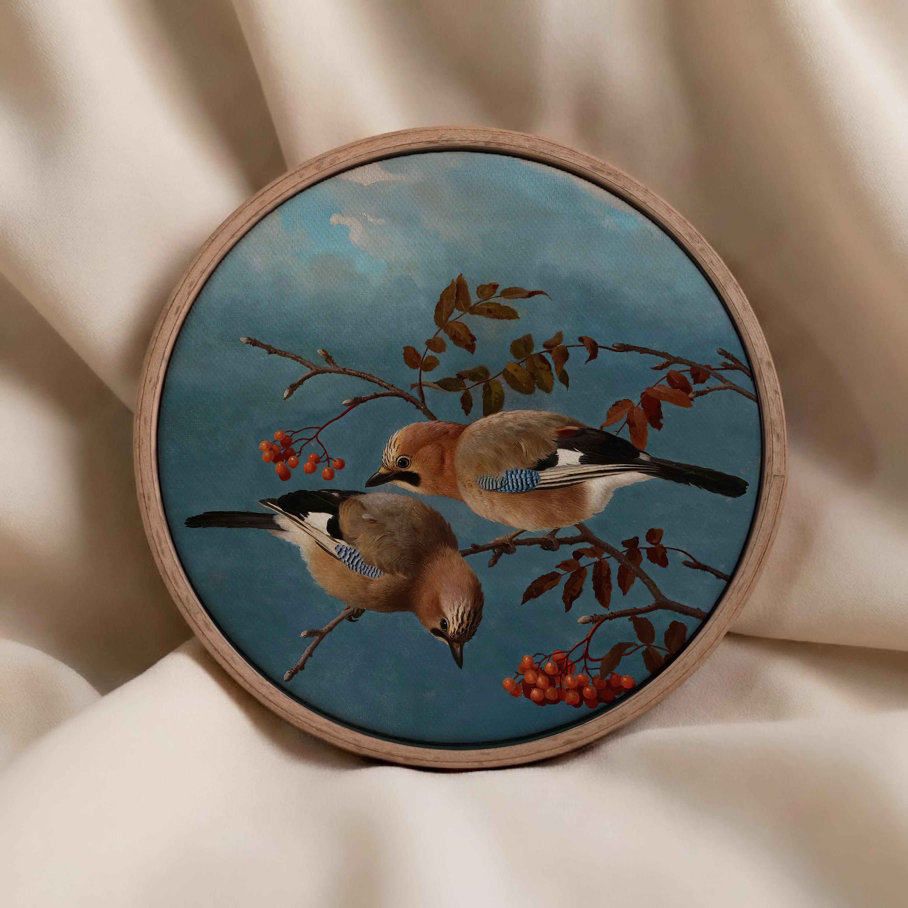 Vintage Bird Wall Art Round Canvas, Blue Jay Botanical Print, Cottagecore Decor