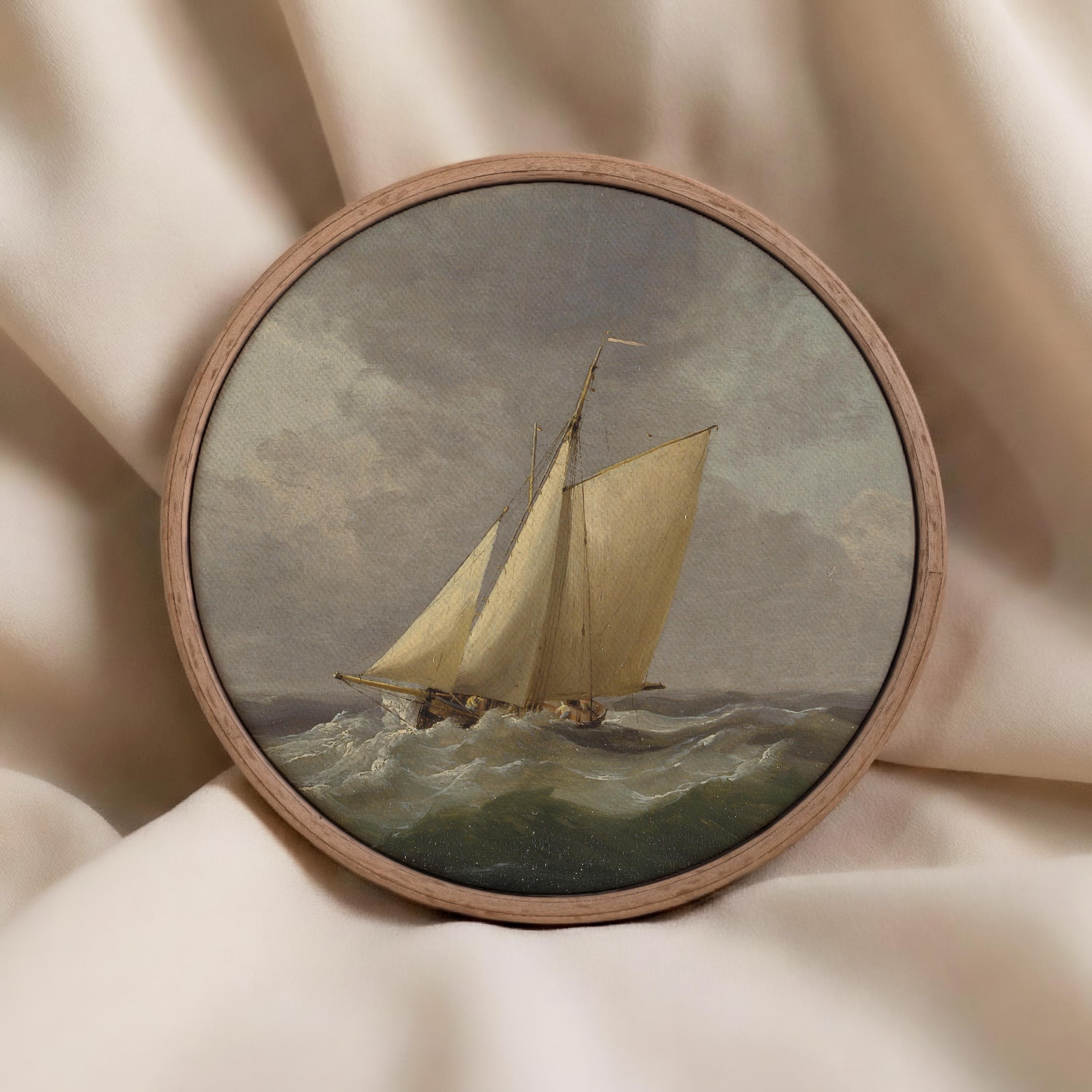 Vintage Sailboat Canvas Print – Round Beech Wood Frame, Coastal Art Vintage Sailboat Canvas Print – Round Beech Wood Frame, Coastal Art