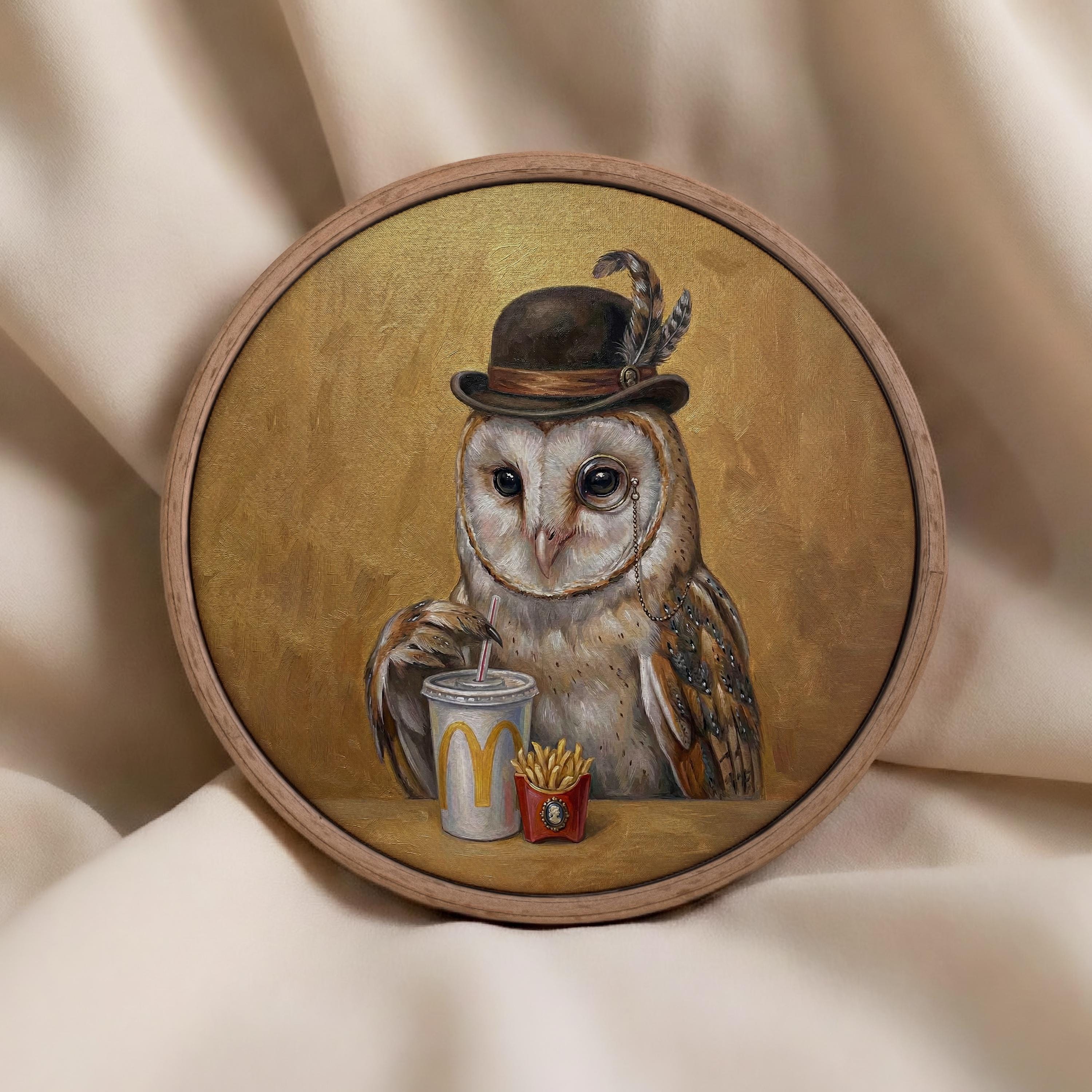 Funny Owl Eating Fast Food Art Print, Quirky Gothic Cottagecore Style Wall Art Funny Owl Eating Fast Food Art Print, Quirky Gothic Cottagecore Style Wall Art