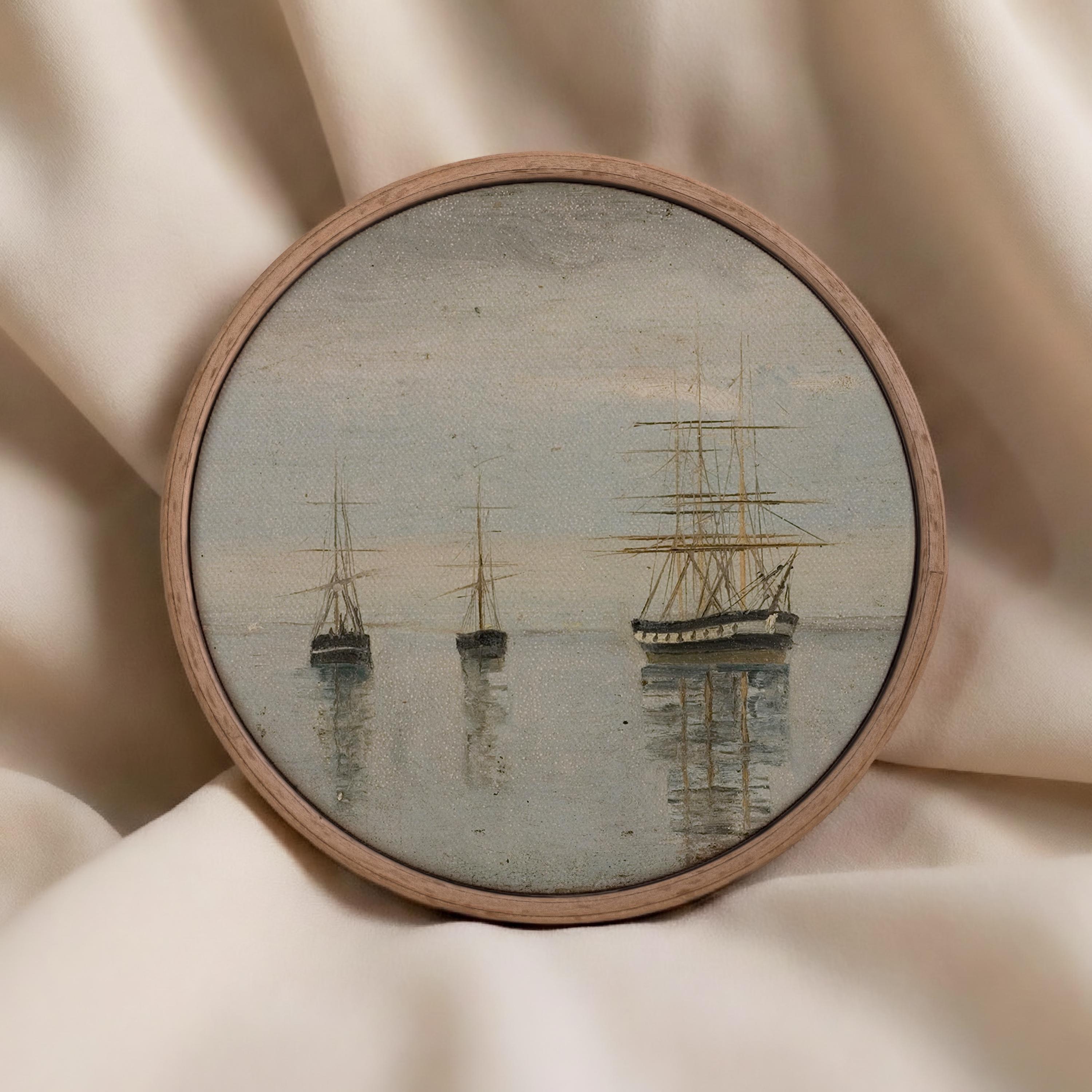 Vintage Maritime Oil Painting Print, Antique Style Ships in Misty Harbor,Nautical Wall Art Print on Round Canvas