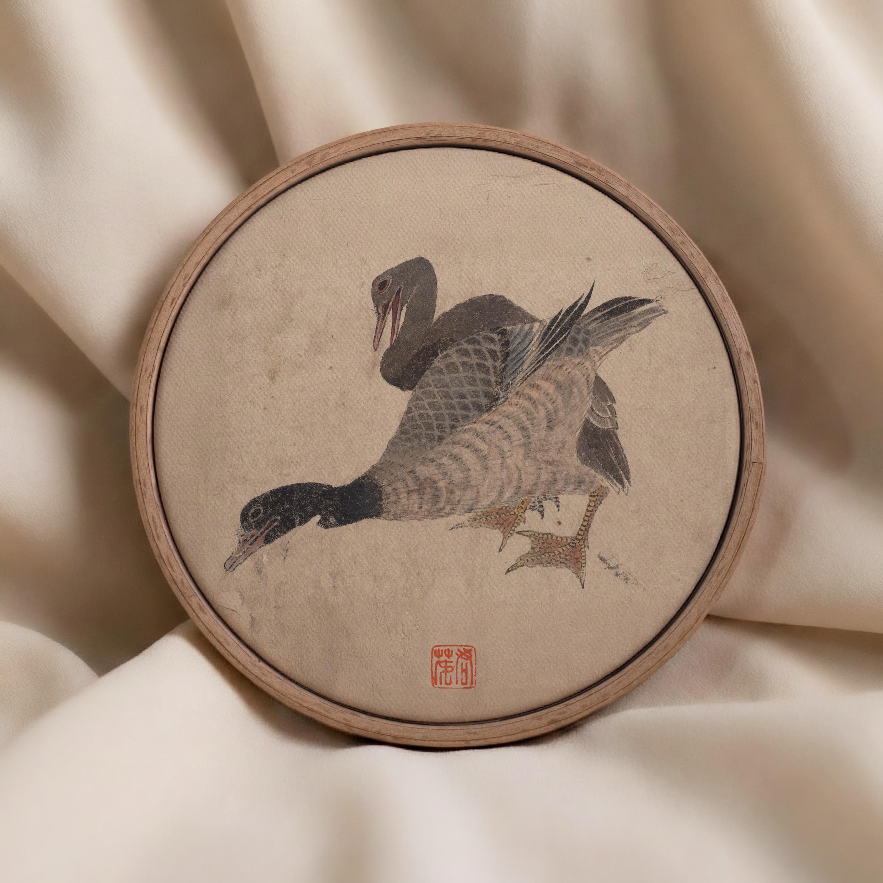 Japanese Duck Wall Art · Vintage Asian Bird Painting · Japandi Neutral Decor · Zen Nature Gift