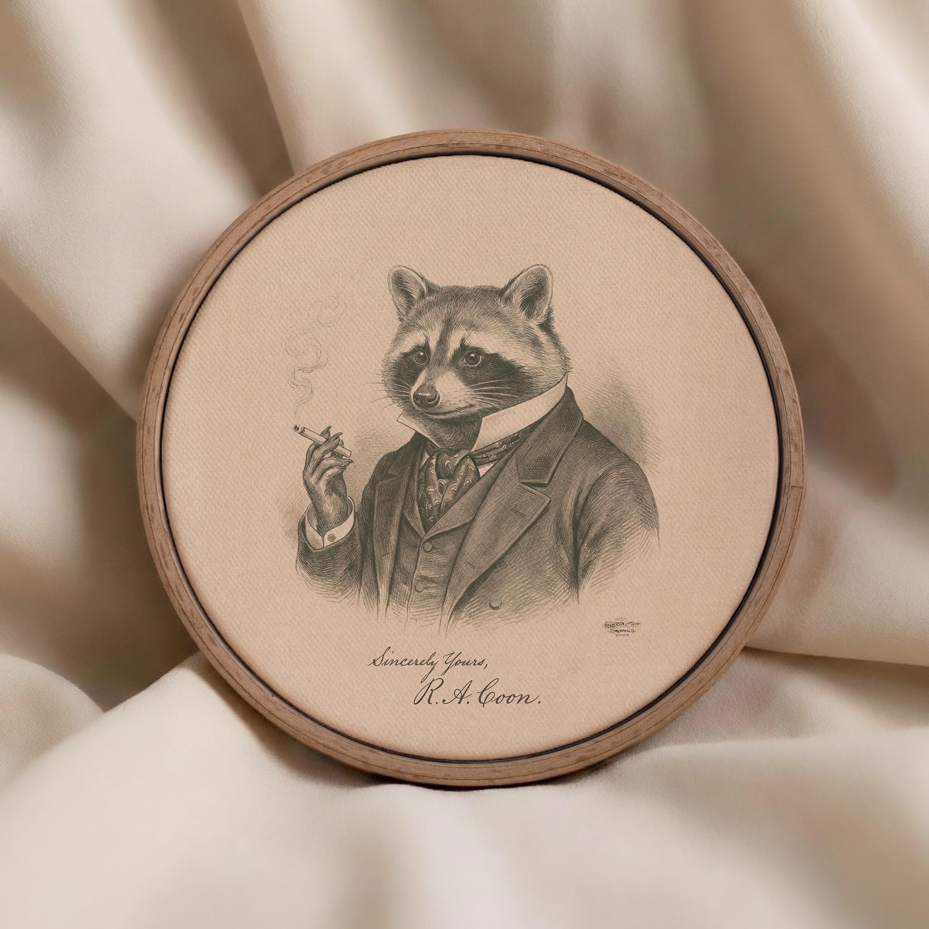 Vintage Raccoon Gentleman Portrait Print, Victorian Sketch Style, Cottagecore Decor