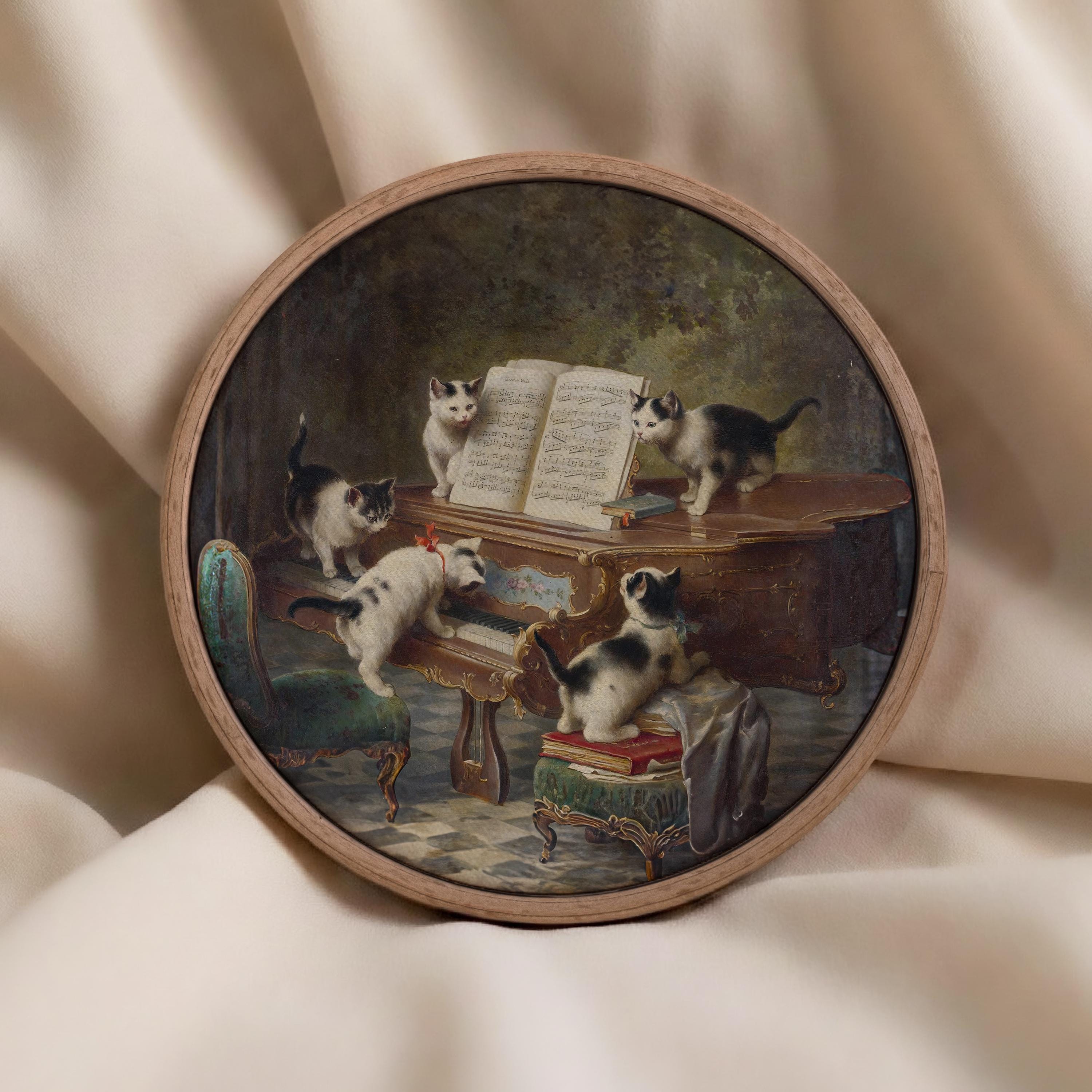 Cats Playing Piano Vintage Art Print | Round Canvas (Digital Download)