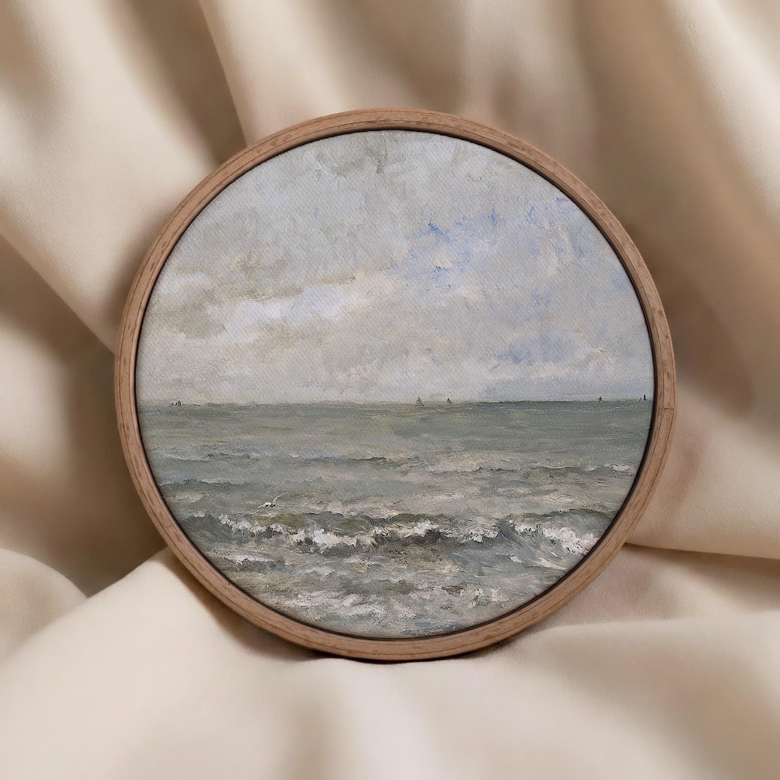 Seascape Wall Art: Soft Neutral Tones (Round Canvas, Vintage Style)