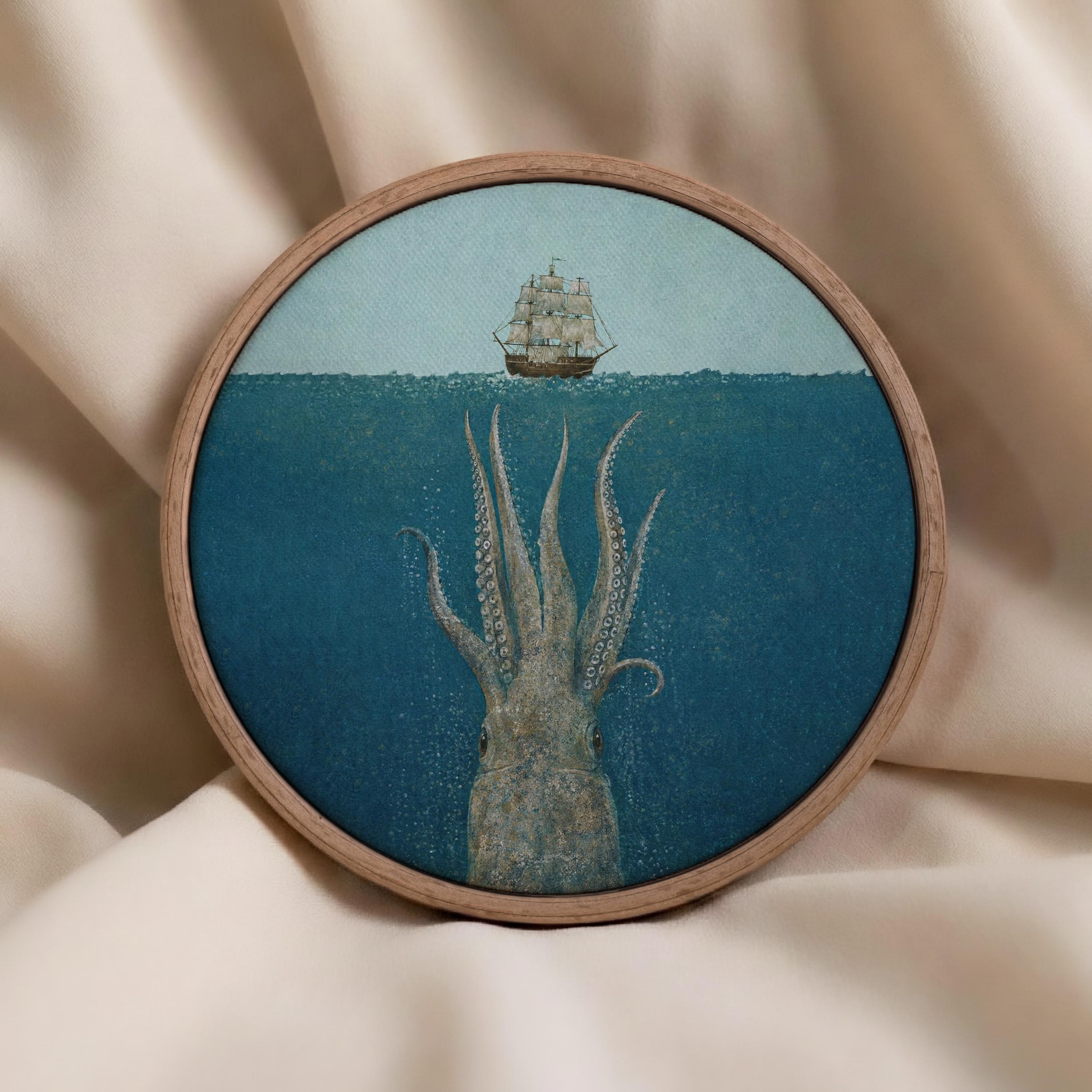 Giant Squid & Sailing Ship Round Canvas Wall Art, Framed Nautical Ocean Print, Quirky Sea Monster Decor, Coastal Wall Art Giant Squid & Sailing Ship Round Canvas Wall Art, Framed Nautical Ocean Print, Quirky Sea Monster Decor, Coastal Wall Art