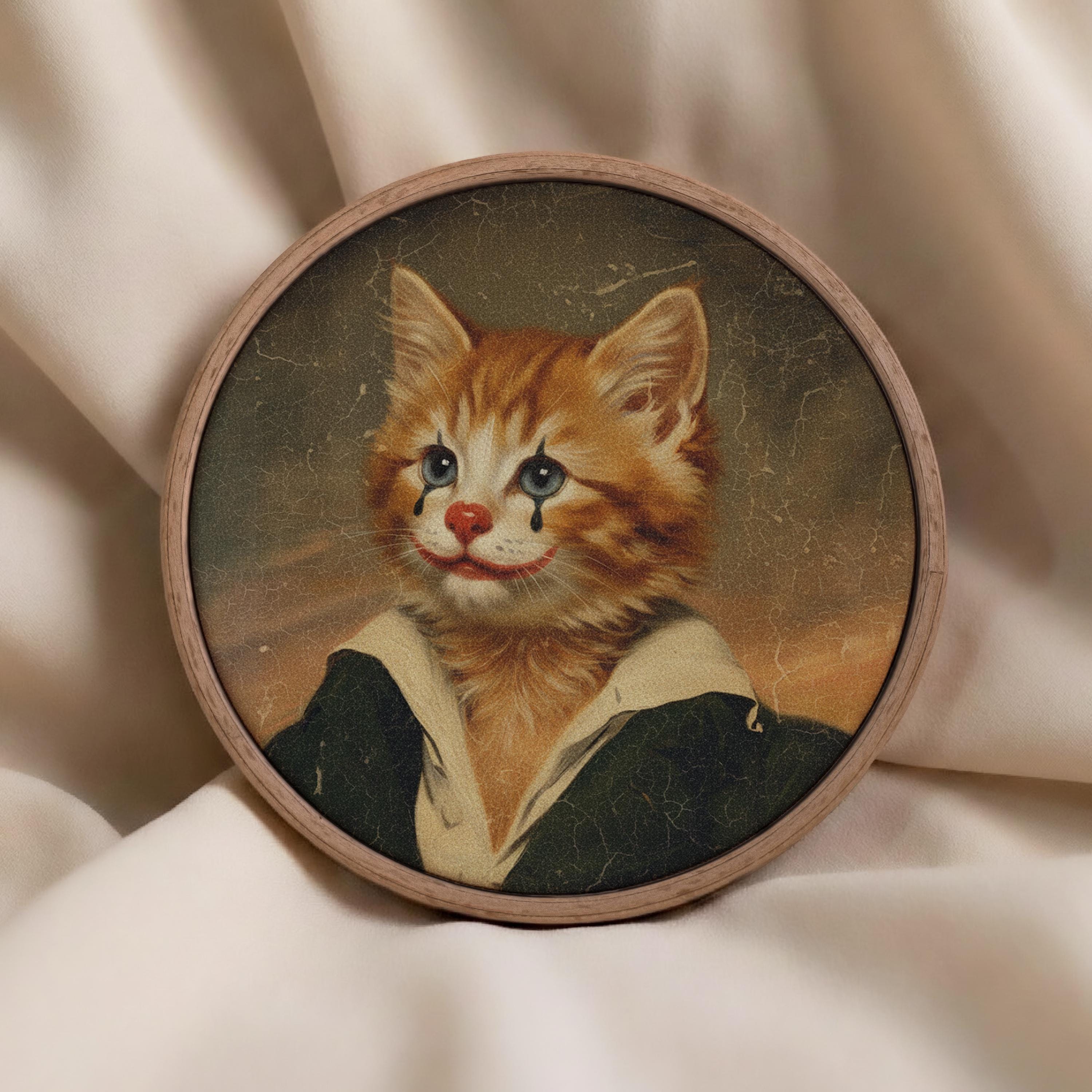 Funny Clown Kitty Portrait Print, Whimsical Animal Wall Decor, Gothic Cottagecore Style Funny Clown Kitty Portrait Print, Whimsical Animal Wall Decor, Gothic Cottagecore Style
