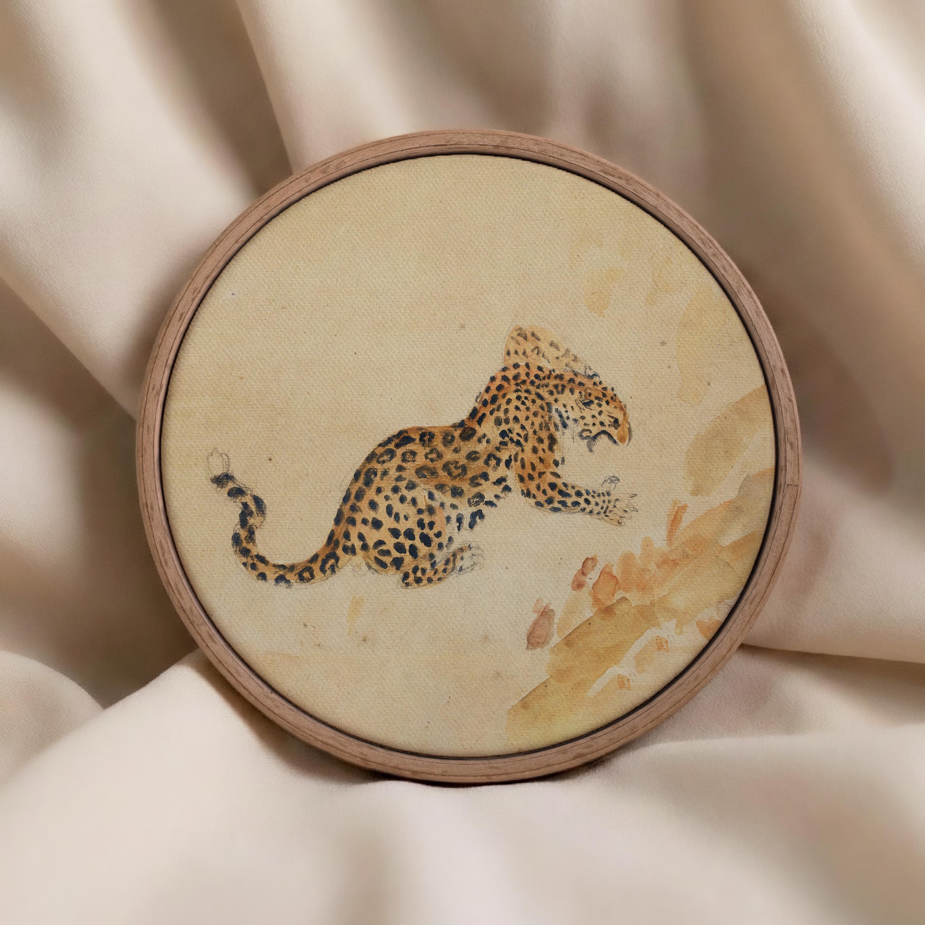 Vintage Leopard Watercolor Painting - Round Beechwood Canvas Art