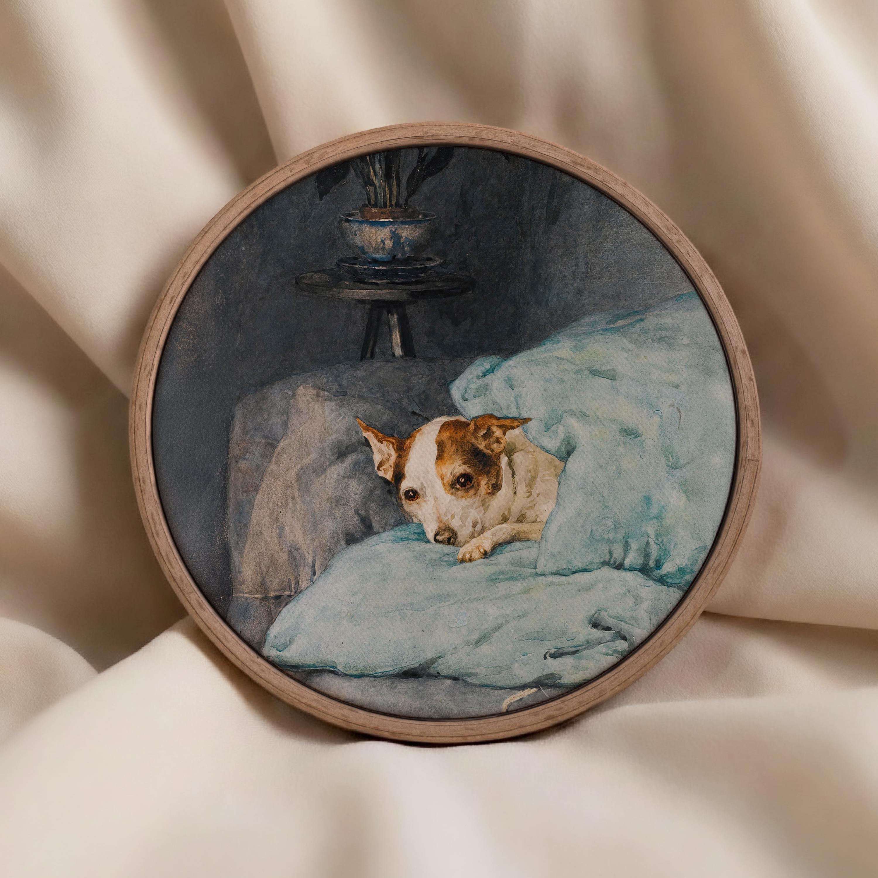 Cozy Sleepy Dog Painting Round Canvas, Quirky Pet Decor Print, Cottagecore Art