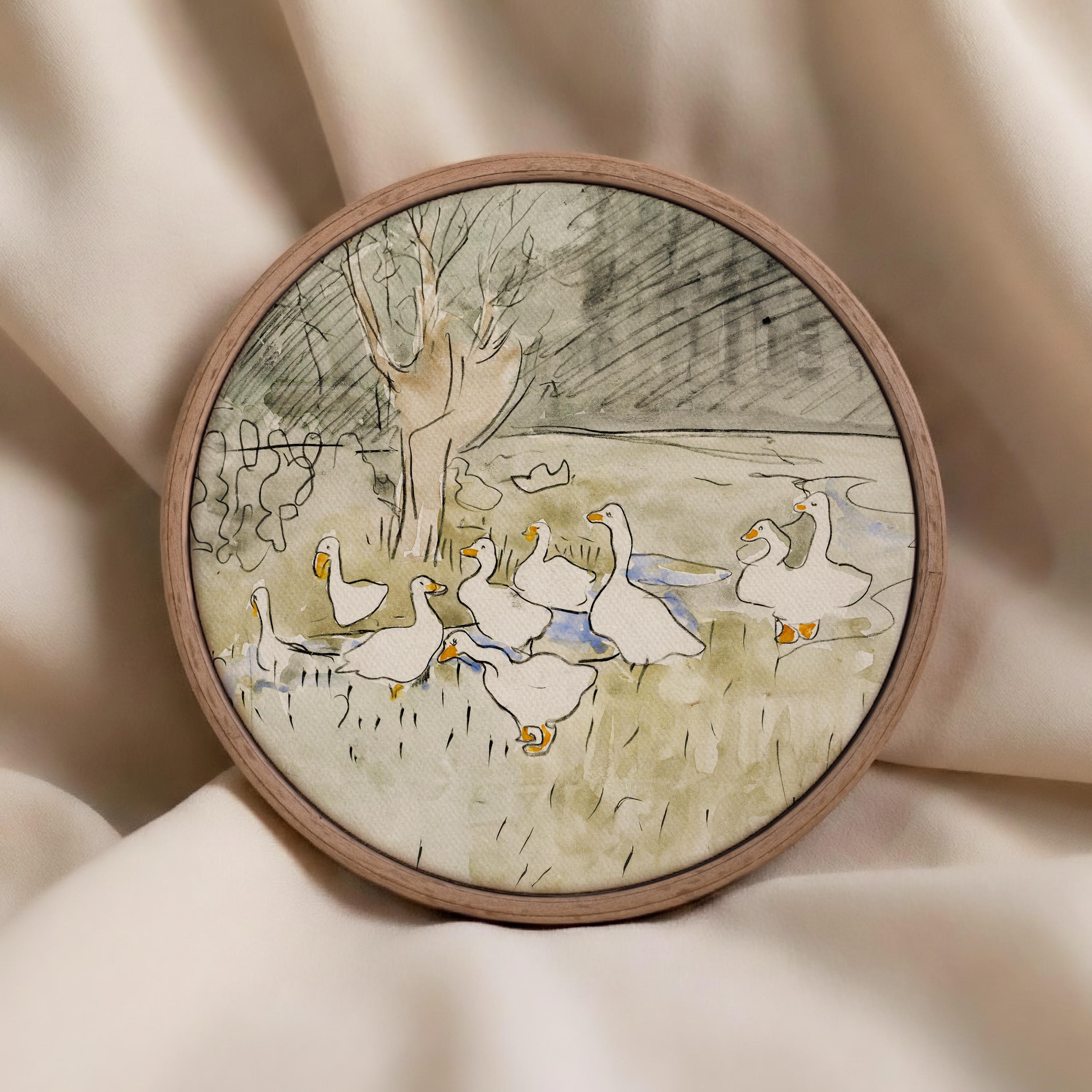 Vintage Geese Watercolor Print | Round Beechwood Canvas