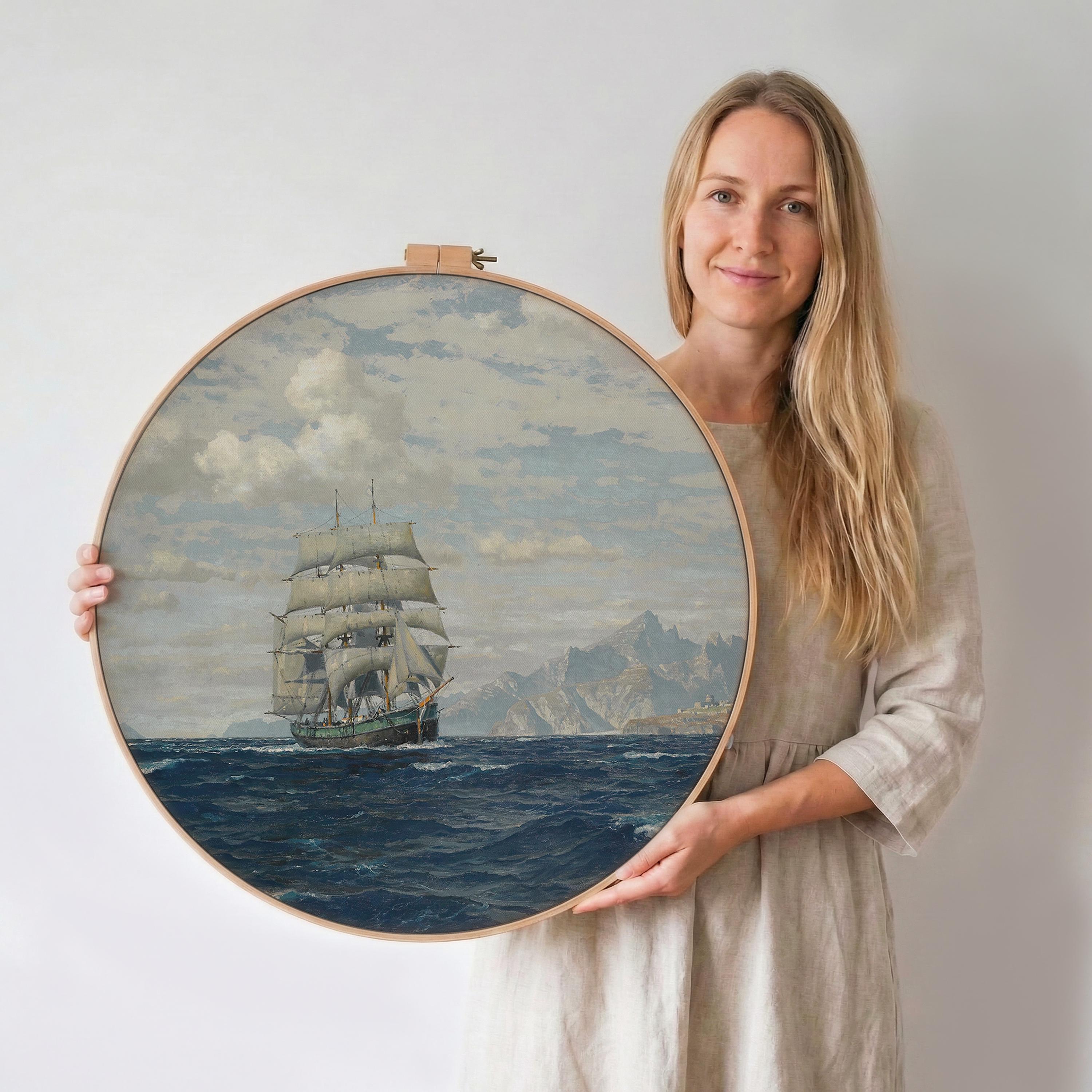 Round Sailing Ship Canvas Art, Vintage Nautical Seascape Print