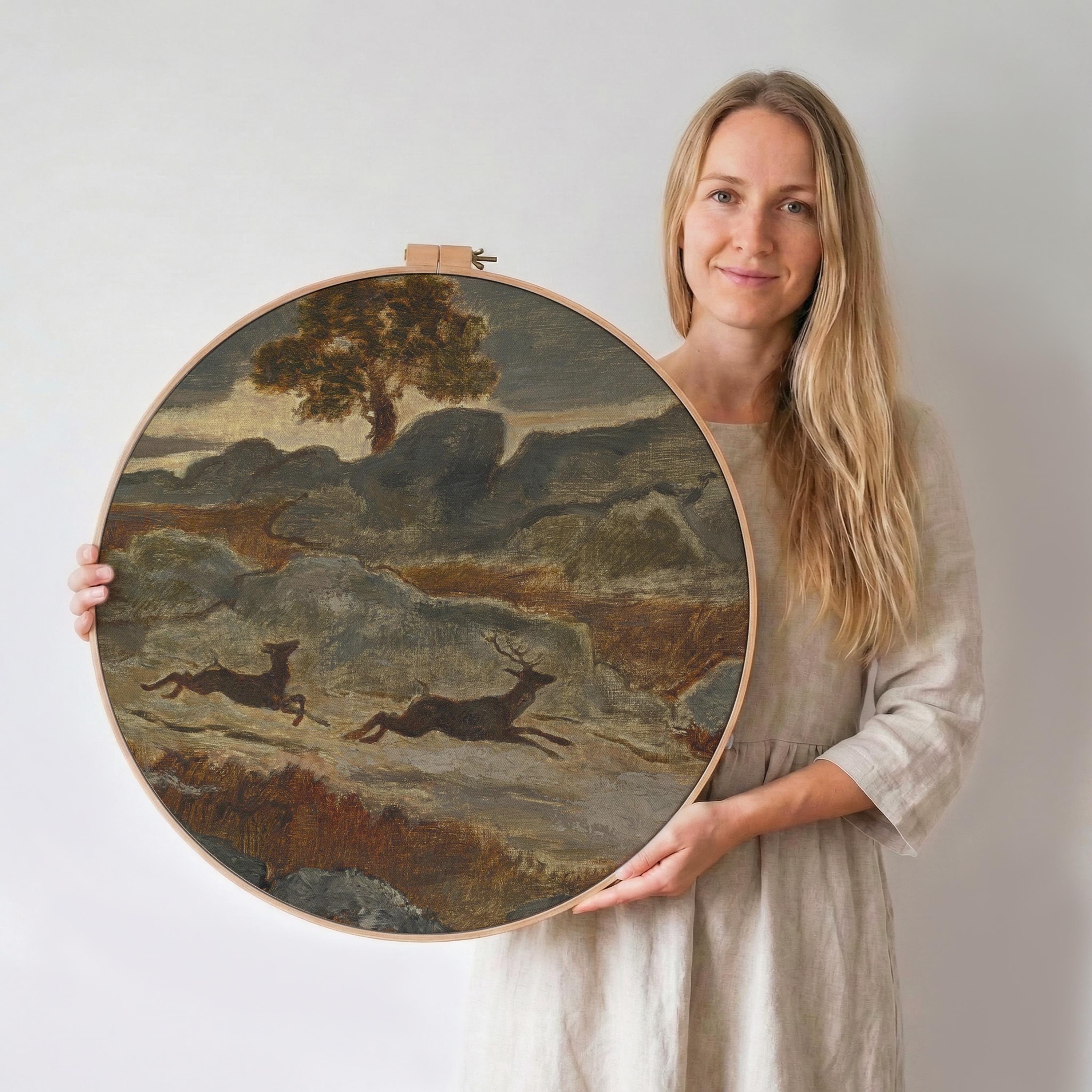 Vintage Deer Landscape Print, Moody Rustic Woodland Wall Art, Round Cotton Canvas Painting Vintage Deer Landscape Print, Moody Rustic Woodland Wall Art, Round Cotton Canvas Painting