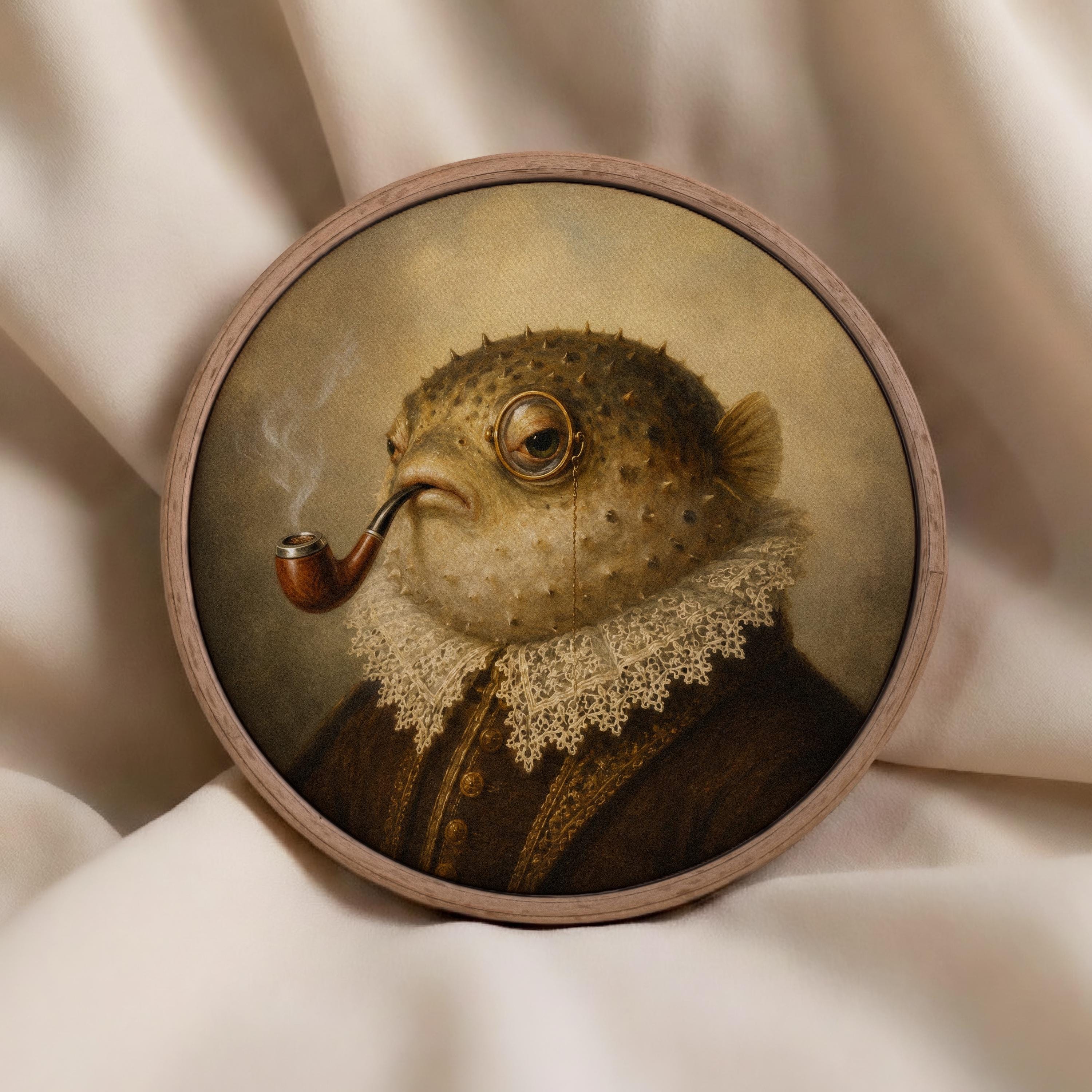 Victorian Pufferfish Round Canvas Wall Art, Framed Quirky Fish Portrait, Dark Academia Decor, Whimsical Animal Print, Oddity Gift Victorian Pufferfish Round Canvas Wall Art, Framed Quirky Fish Portrait, Dark Academia Decor, Whimsical Animal Print, Oddity Gift