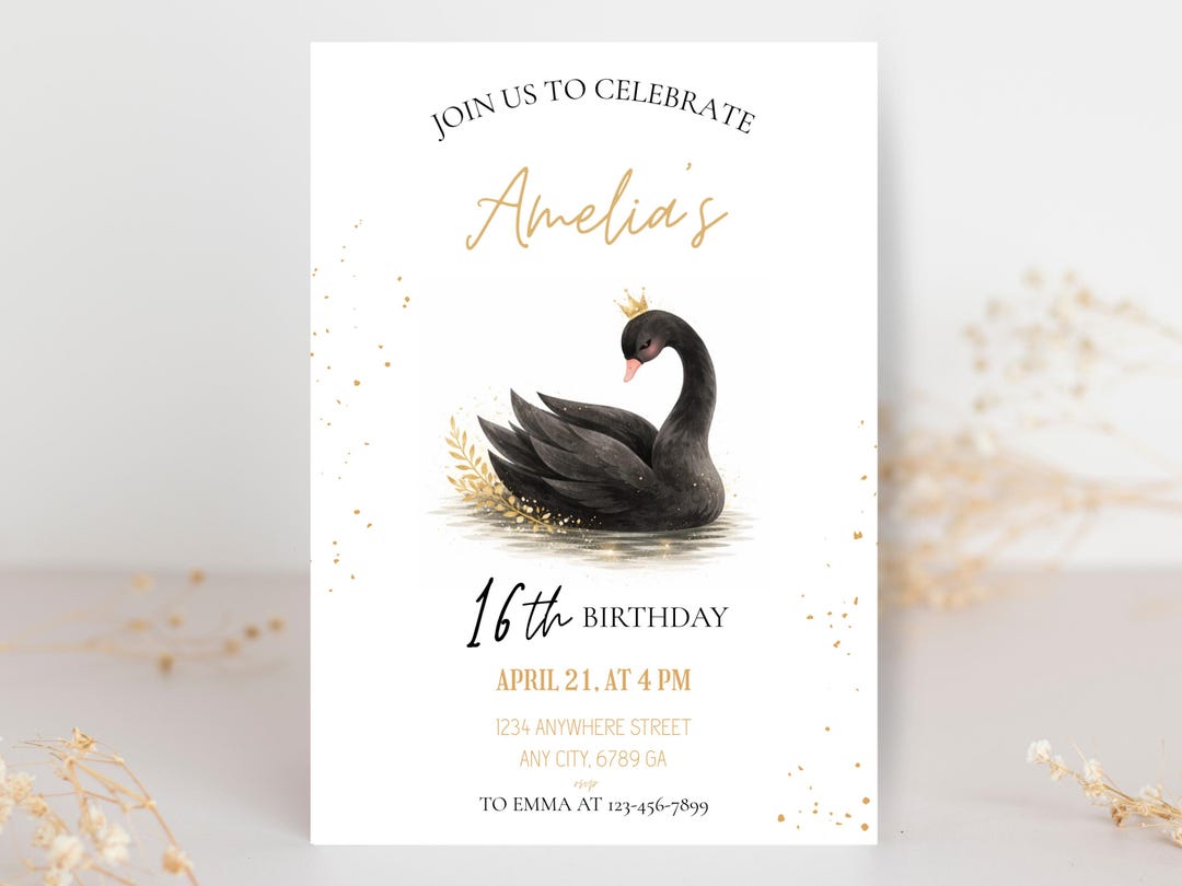 Black Swan Birthday Invitation, Elegant Black Swan Party Invite, Golden ...