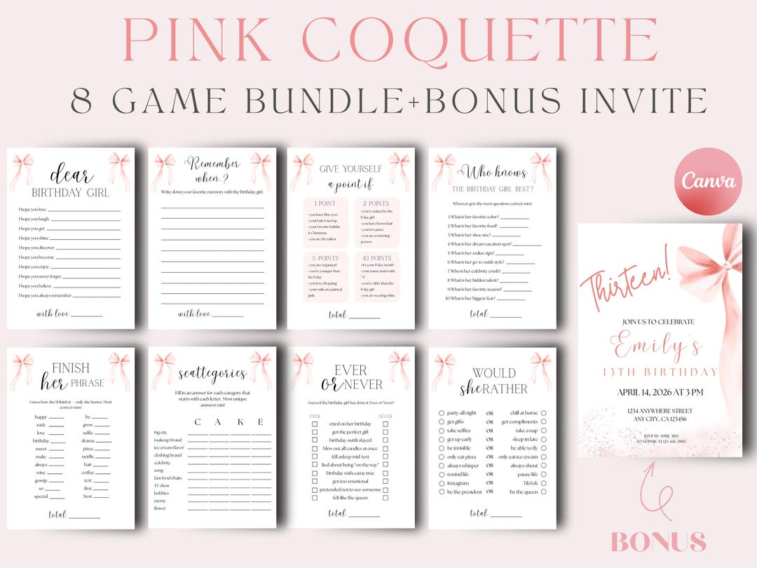 Pink Bow Birthday Party Game Bundle, Coquette Theme (printable ...