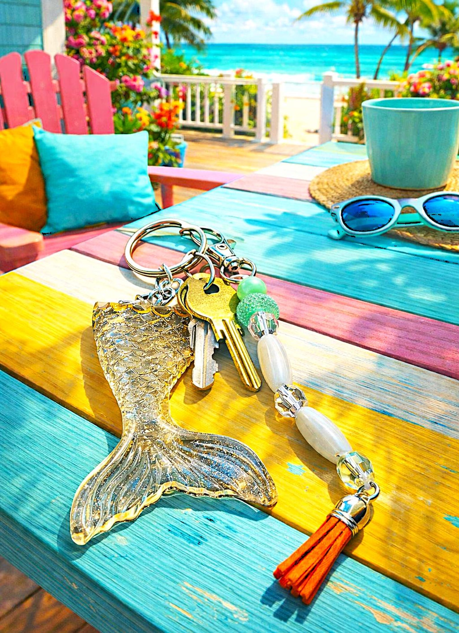 Mermaid Tail Resin Keychain – Beachy Coastal Keychain With Beads ...